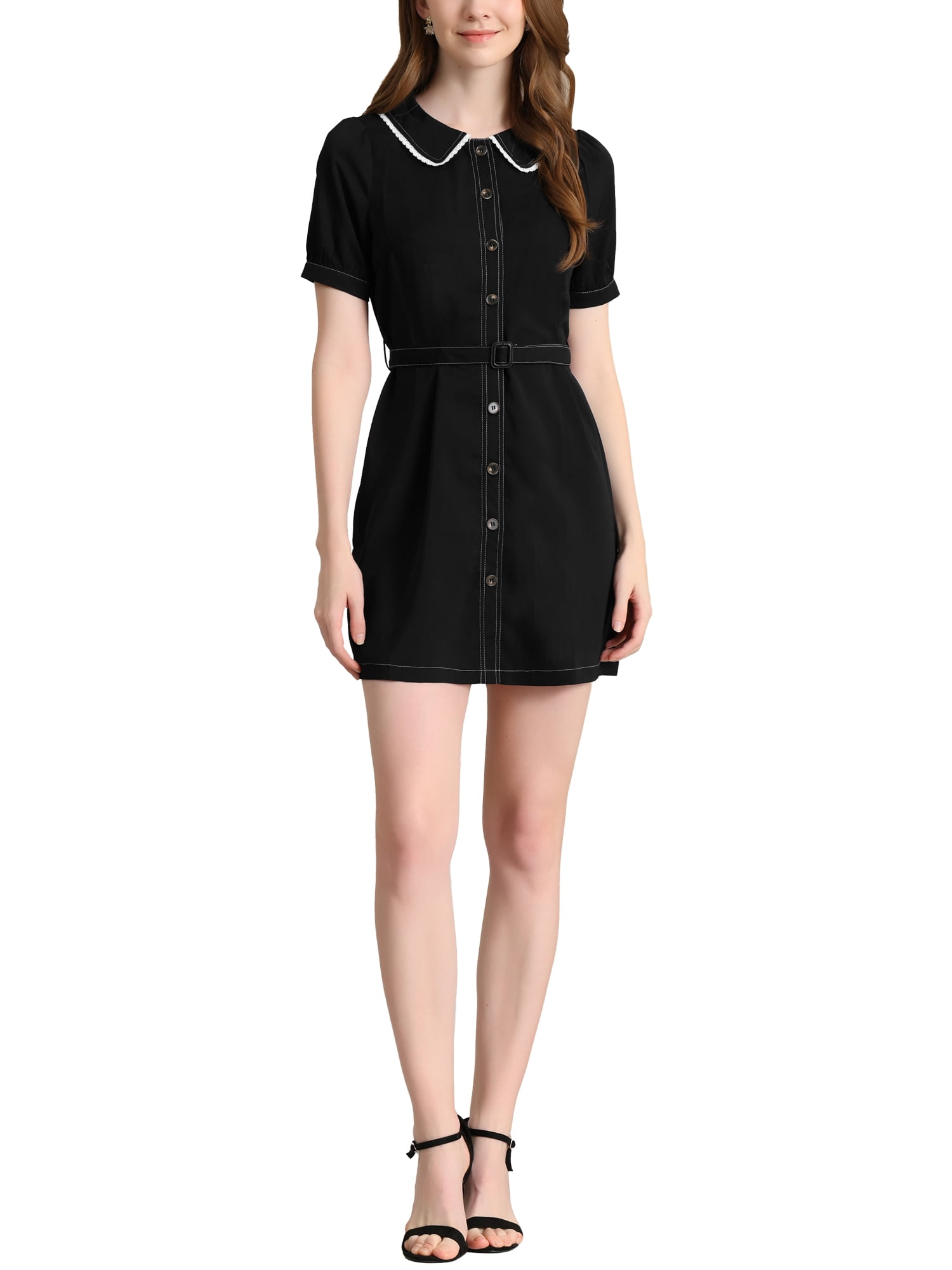 MODA NOVA Juniors Peter Pan Collar Tie Belt Button Front Chiffon A-Line ...