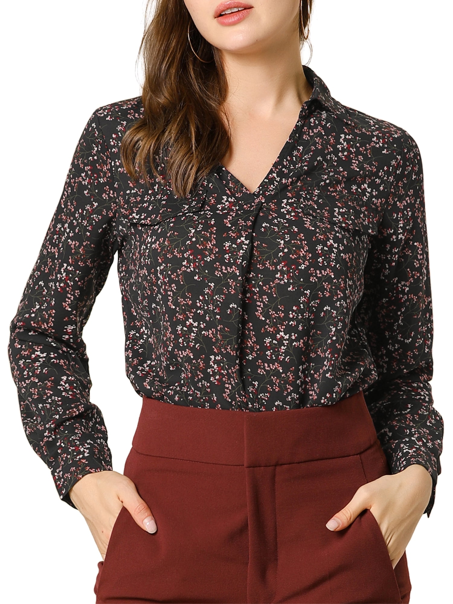 MODA NOVA Juniors Pleated V-Neck Long Sleeve Floral Faux Pocket Shirt ...