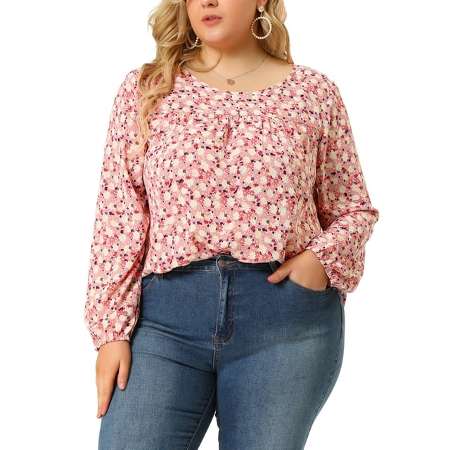 MODA NOVA Juniors Plus Ditsy Floral Elastic Cuff Ruffle Peplum Blouses ...