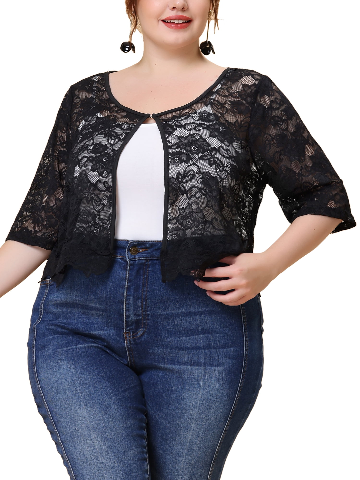MODA NOVA Juniors' Plus Elbow Sleeve Floral Lace Open Front Sheer Shrug ...