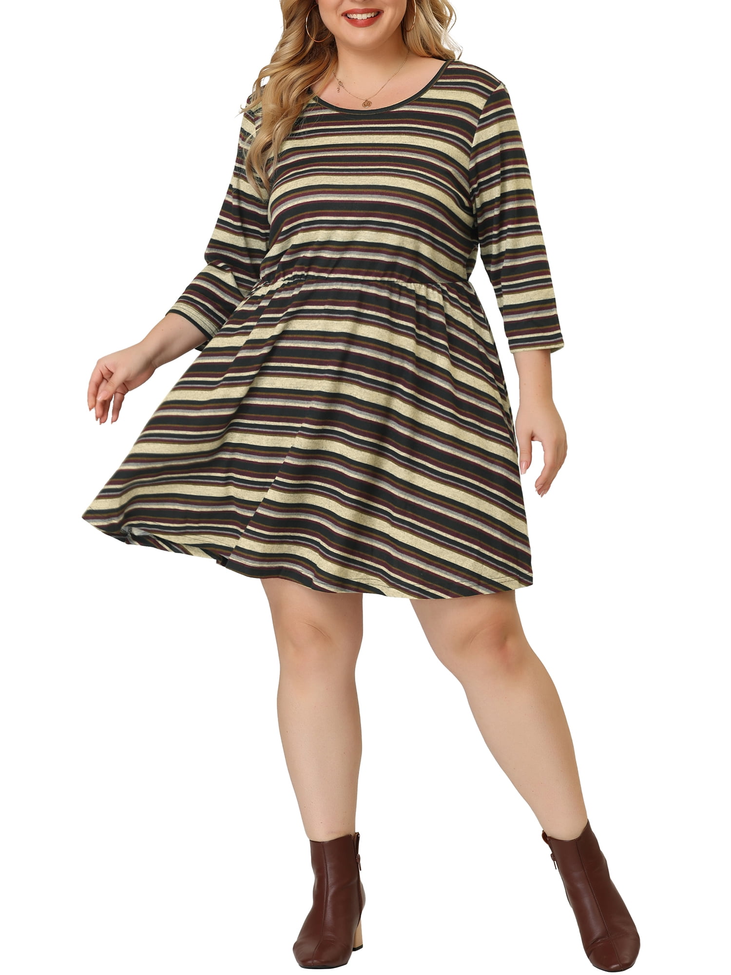 MODA NOVA Juniors' Plus Size Boho Fit Flare Round Neck Striped Dress ...