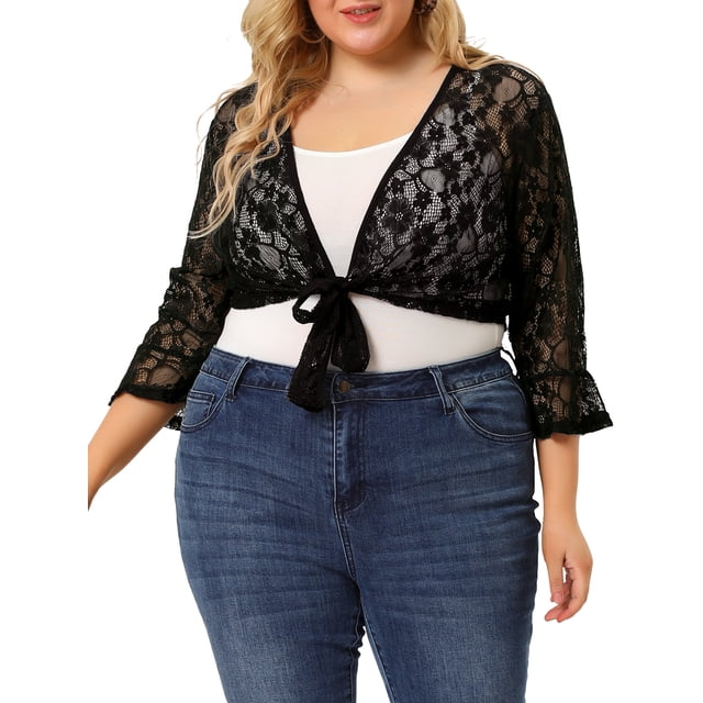 MODA NOVA Juniors Plus Size Bolero Tie Front Hollow Out Lace Crop Shrug ...