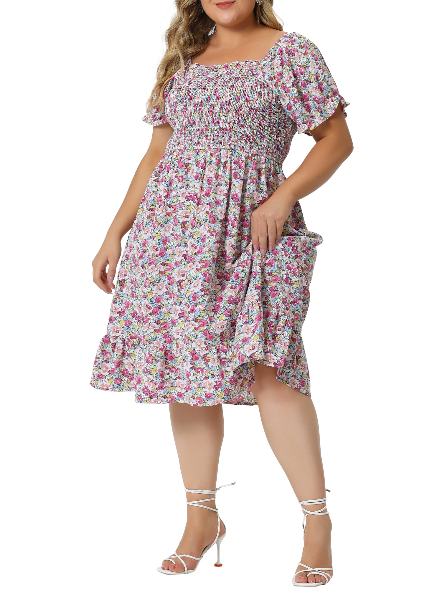 MODA NOVA Juniors Plus Size Dress Flared Flowy Smock Ruffle Sleeve ...