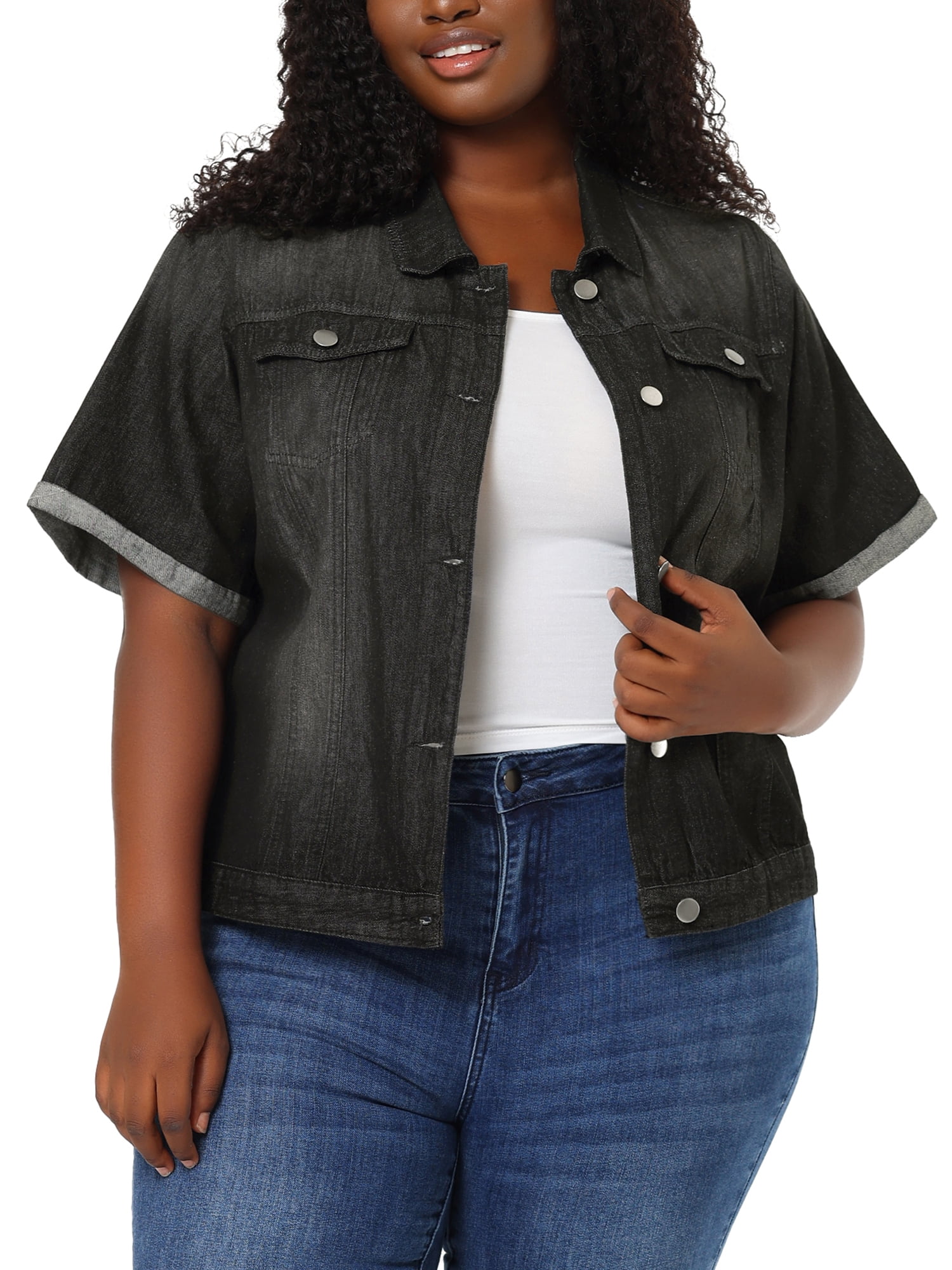 MODA NOVA Juniors Plus Size Fall Button Down Crop Jean Trucker Denim ...