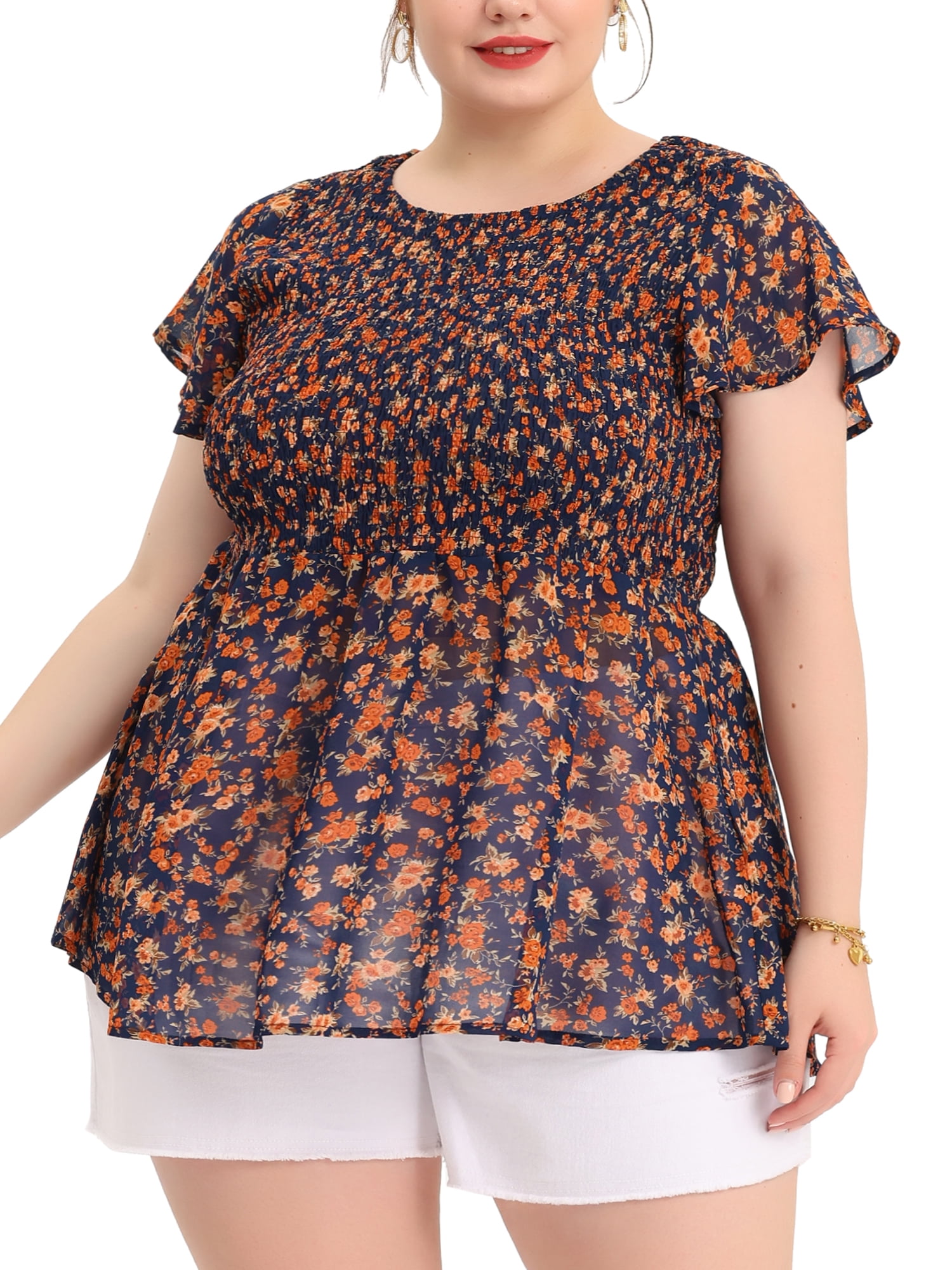 MODA NOVA Juniors' Plus Size Flare Sleeve Smock Waist Round Neck Ditsy ...
