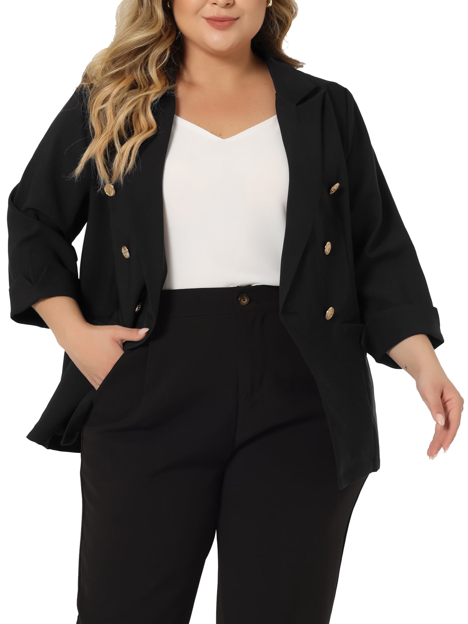MODA NOVA Juniors Plus Size Office Blazer Notch Panel Button Front 3/4 ...