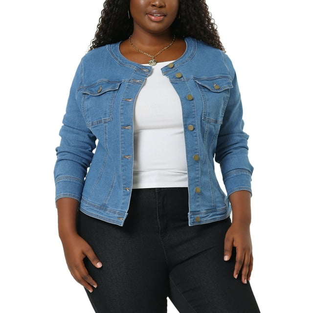 MODA NOVA Juniors Plus Size Outfits Jean Long Sleeves Collarless Denim ...