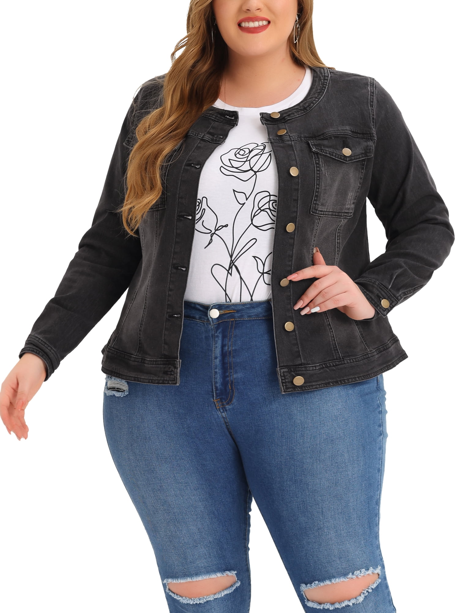 MODA NOVA Juniors Plus Size Outfits Jean Long Sleeves Collarless Denim ...