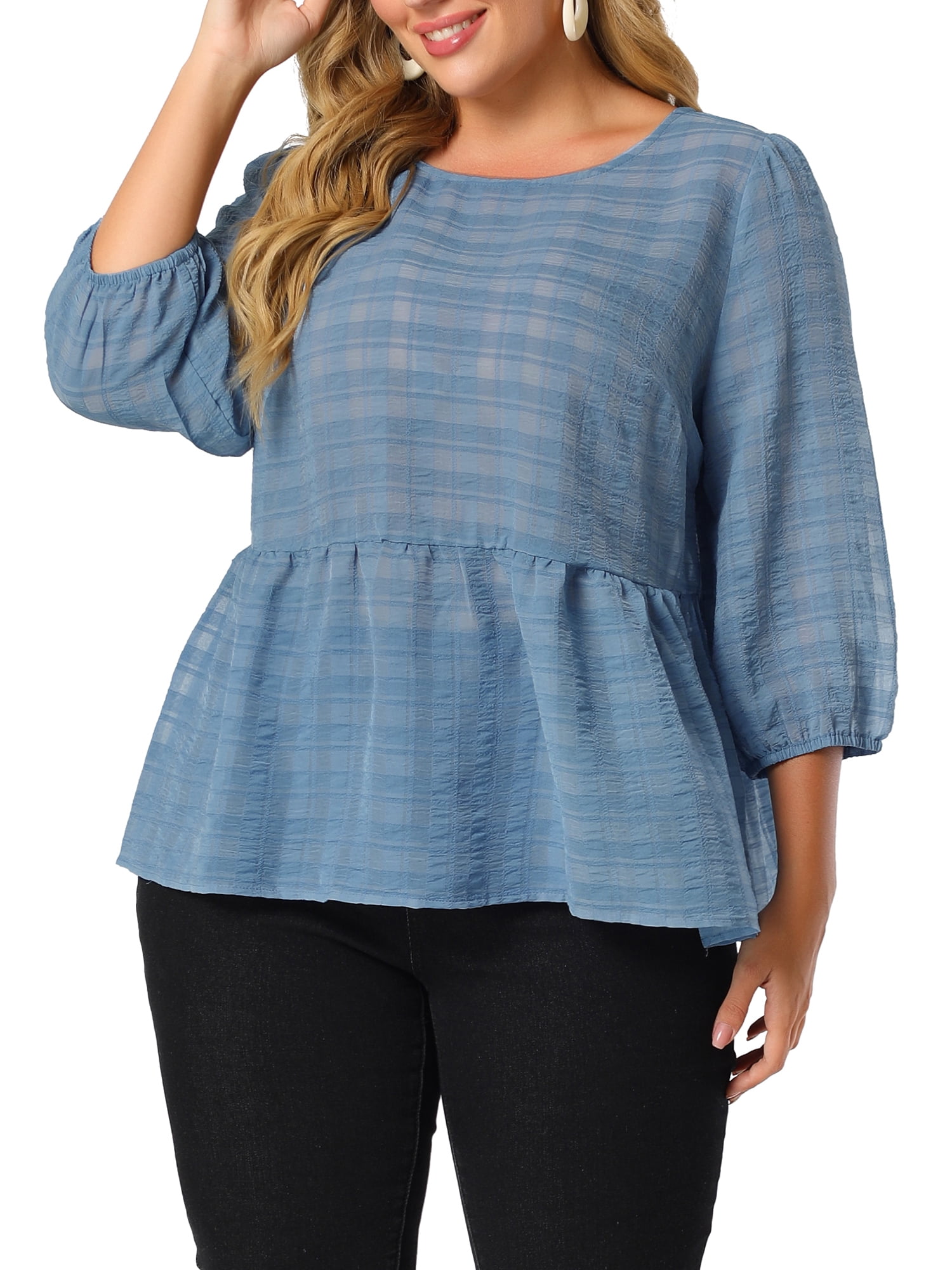 MODA NOVA Juniors Plus Size Round Neck 3/4 Puff Sleeve Elastic Waist ...