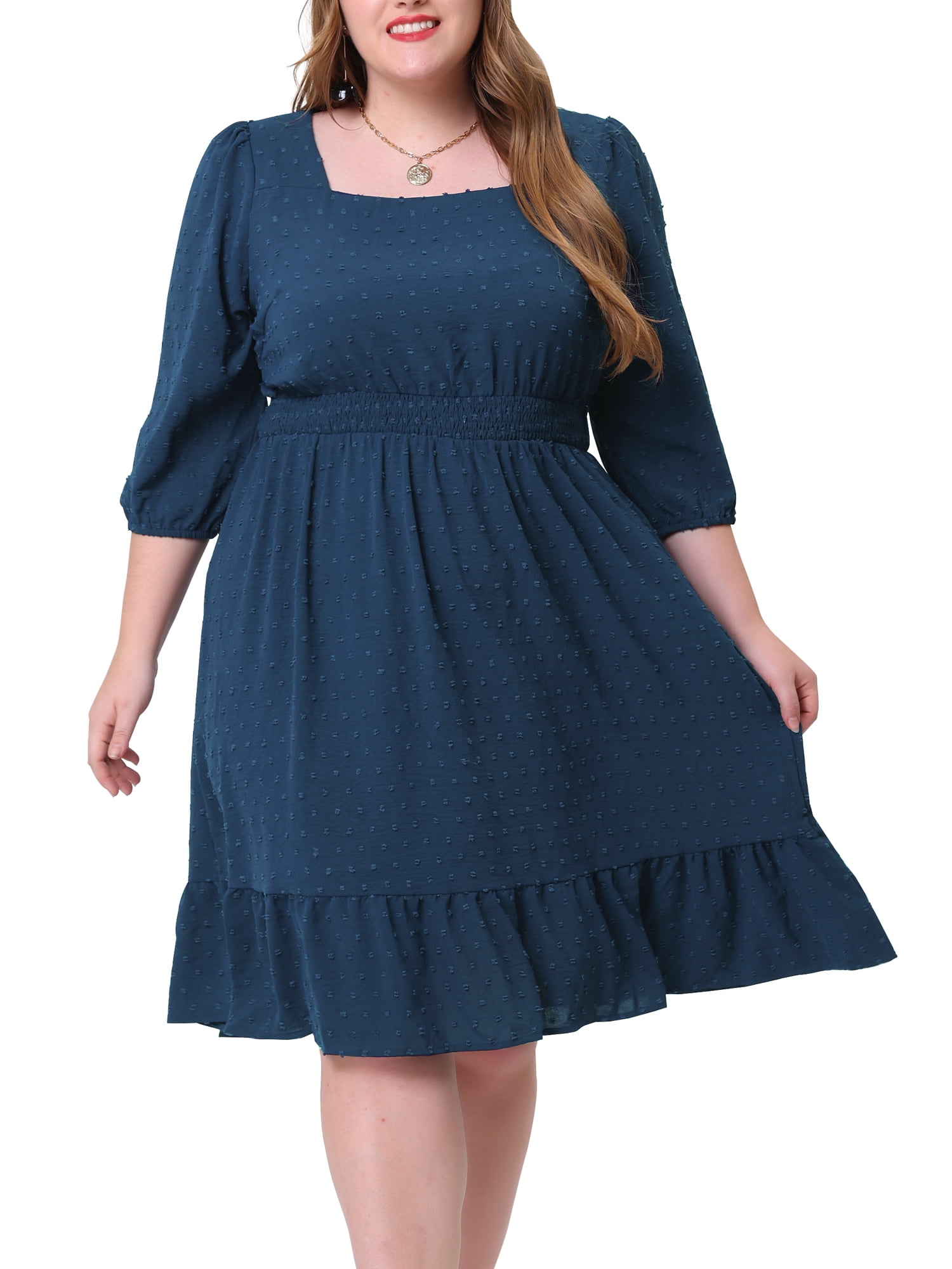 MODA NOVA Juniors Plus Size Smock Waist Swiss Dots 3/4 Sleeves Midi ...