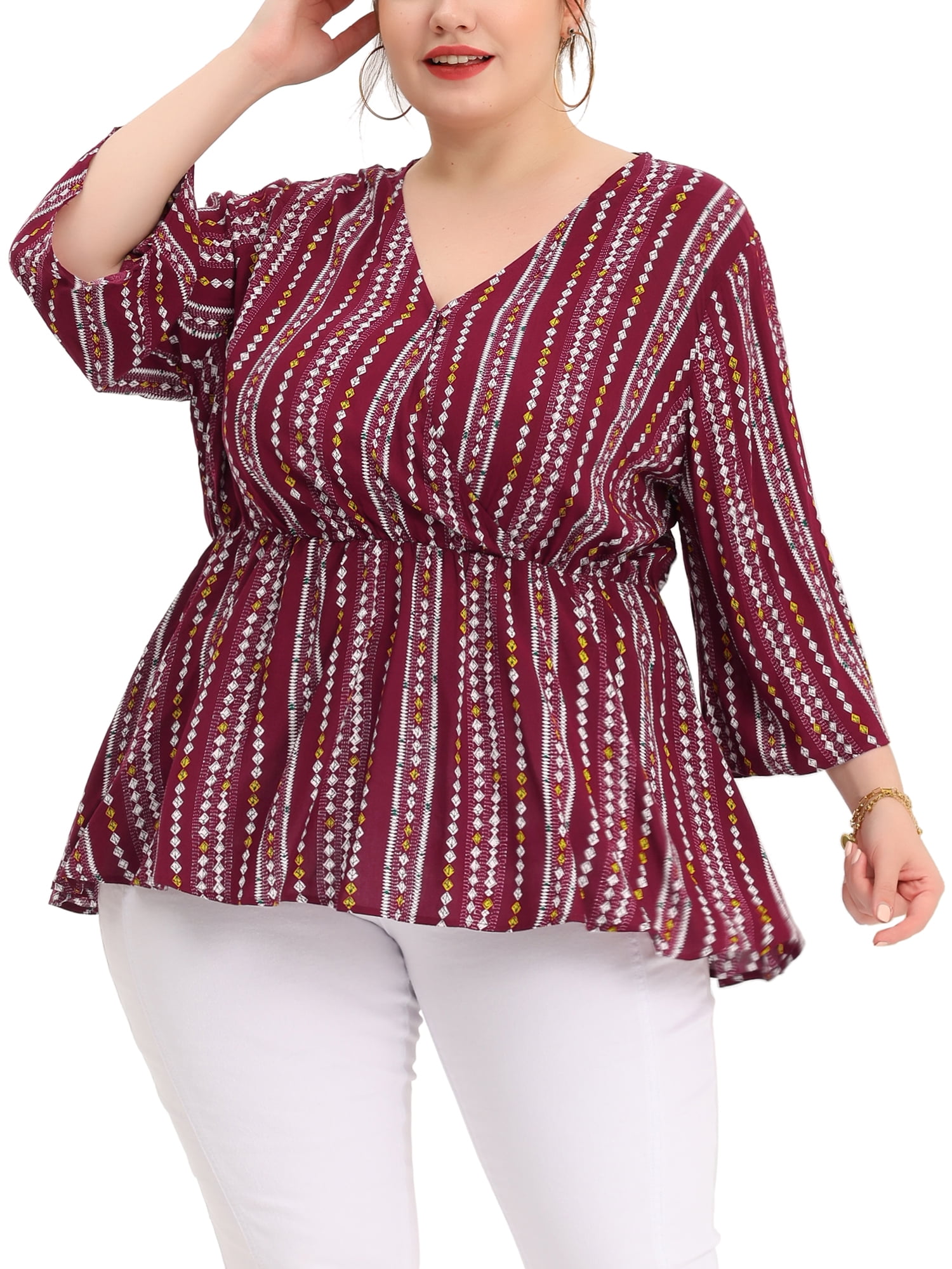 MODA NOVA Juniors' Plus Size Tops V Neck Boho Striped Peplum Tops ...