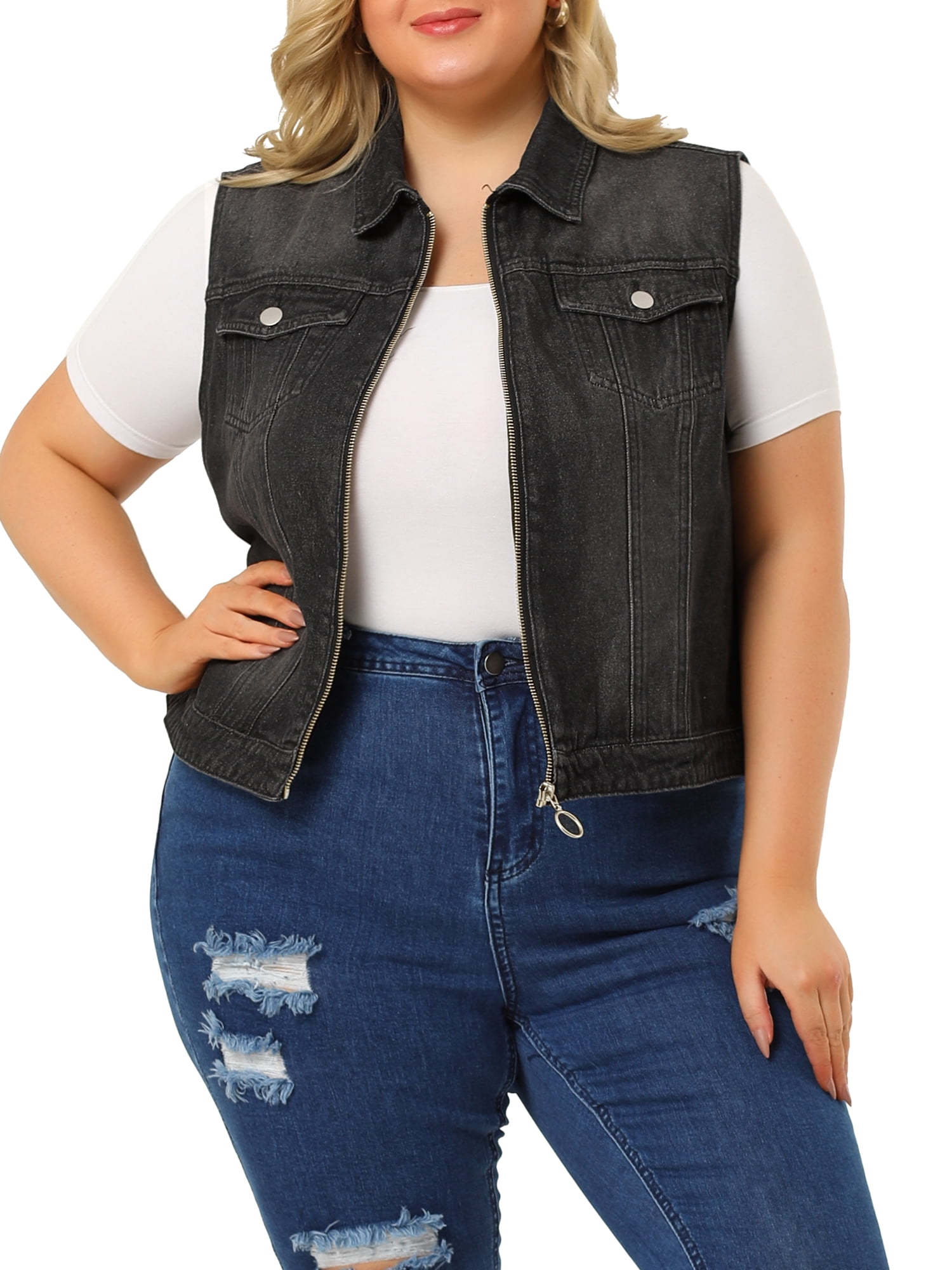 MODA NOVA Juniors Plus Size Trucker Zipper Front Sleeveless Denim Vest ...
