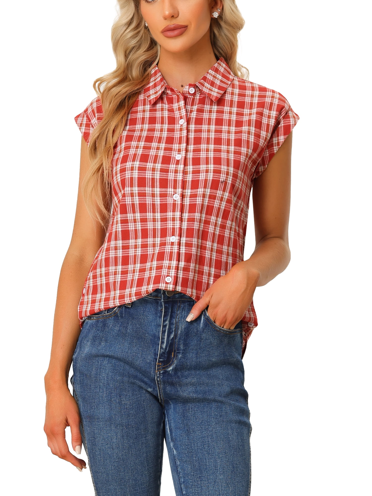 MODA NOVA Juniors Point Collar Short Cap Sleeves Plaids Button Down ...