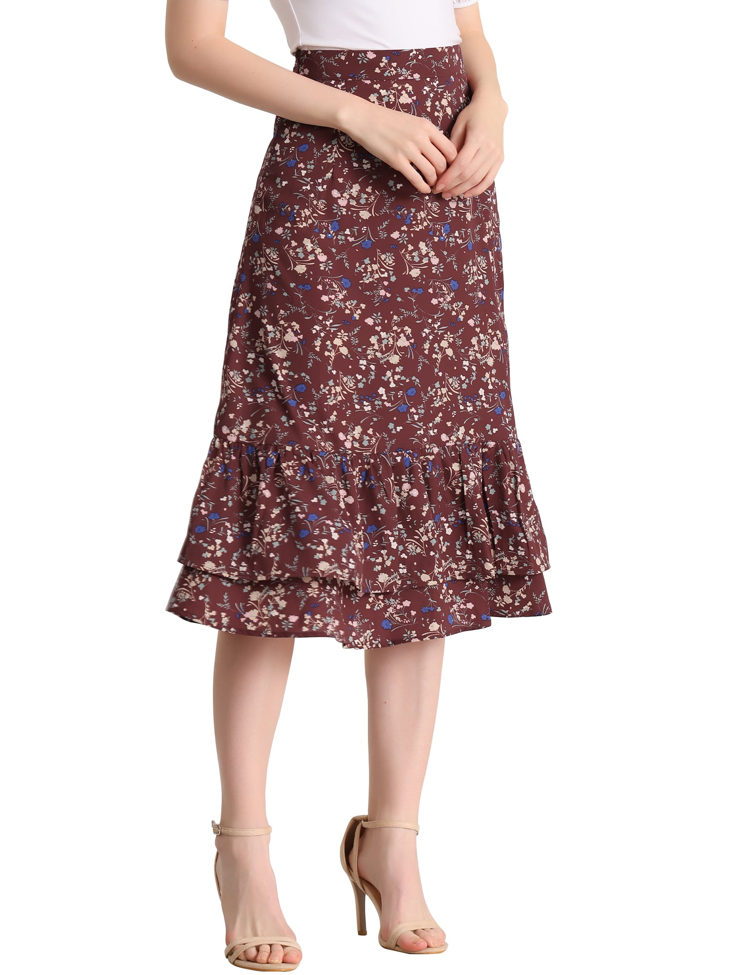 MODA NOVA Juniors Printed Elastic High Waist Ruffled Hem Zipper Midi ...