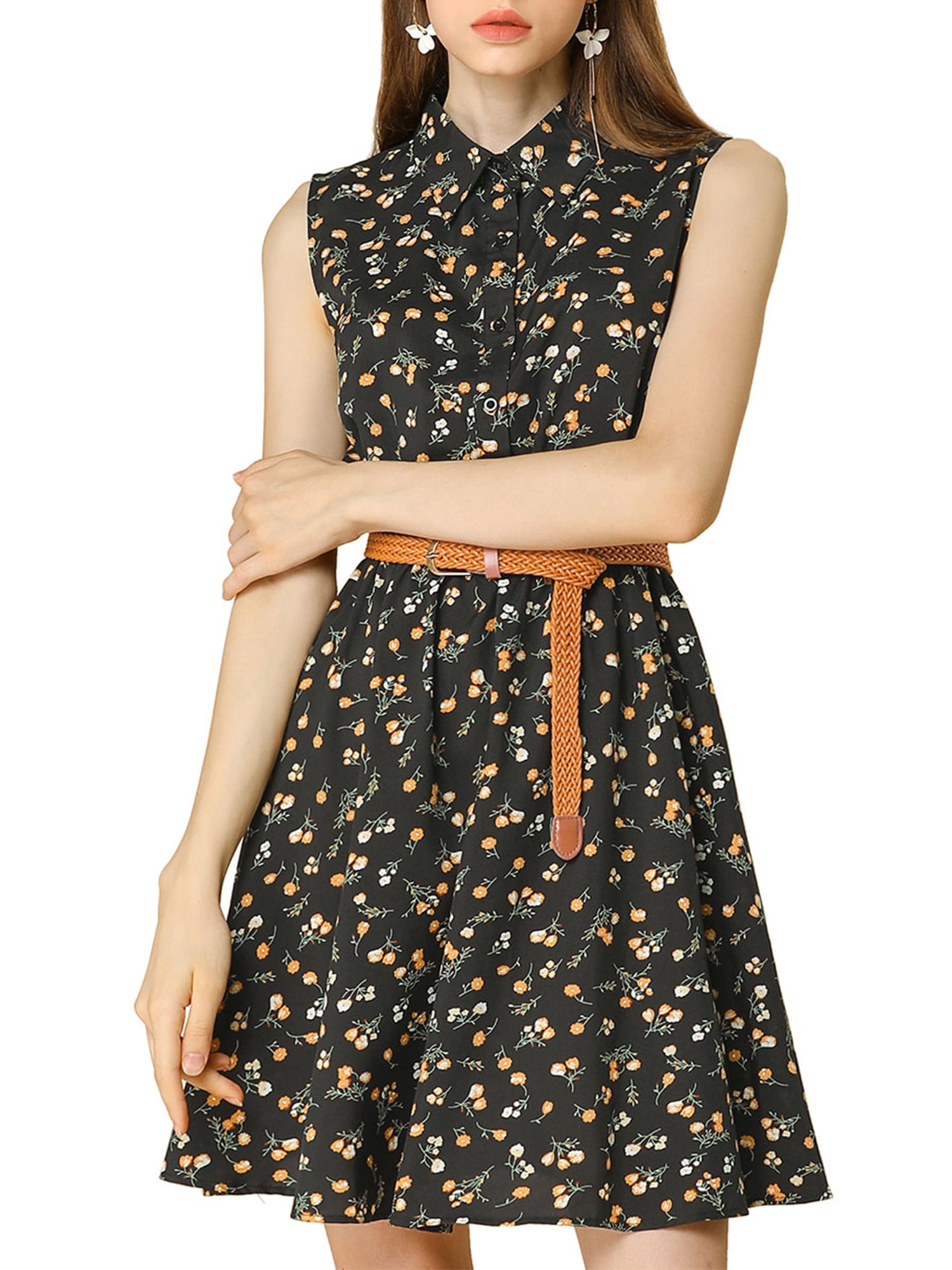 MODA NOVA Juniors Printed Half Placket Sleeveless Belted Dress ...