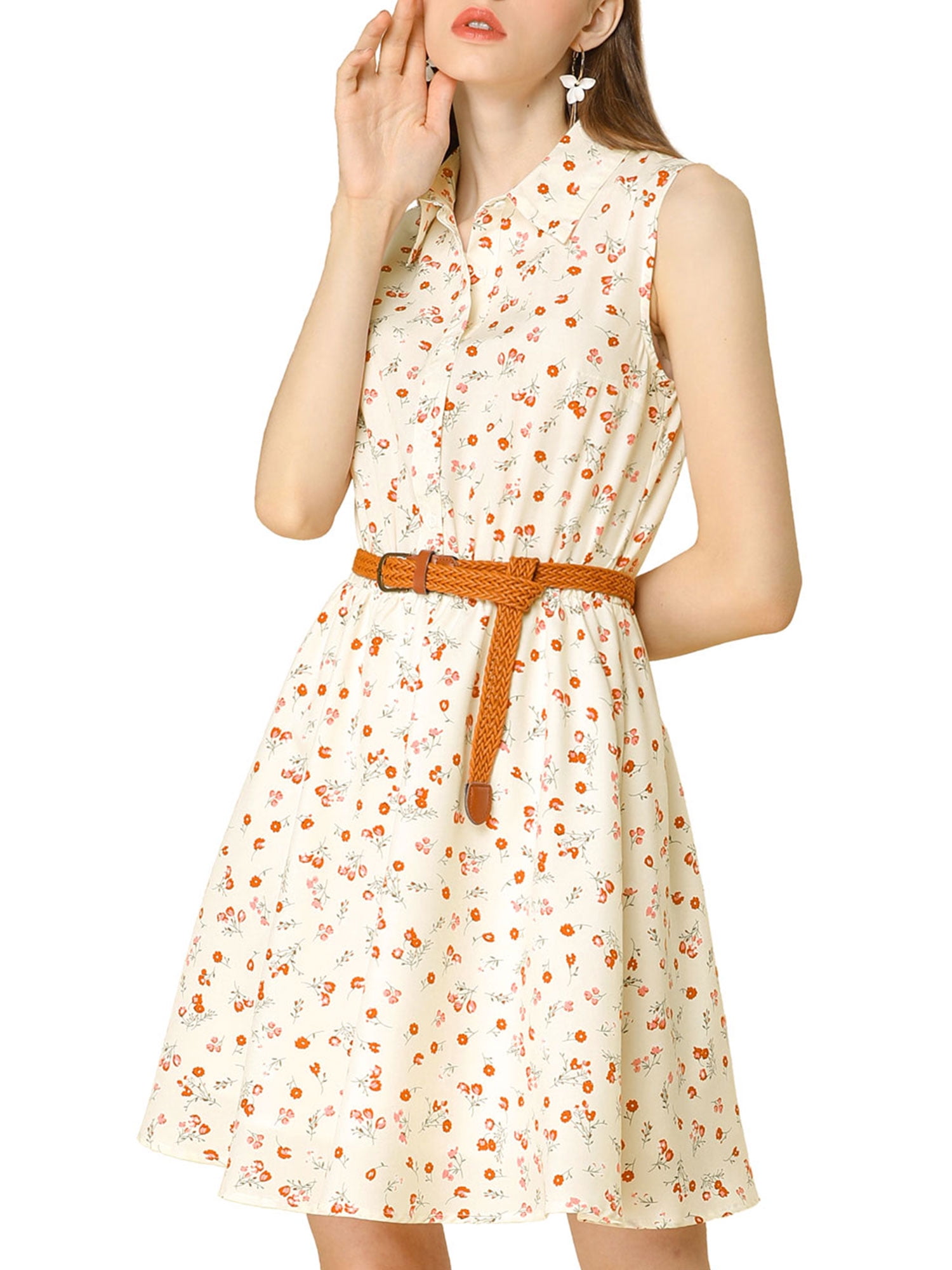 MODA NOVA Juniors Printed Half Placket Sleeveless Belted Dress ...