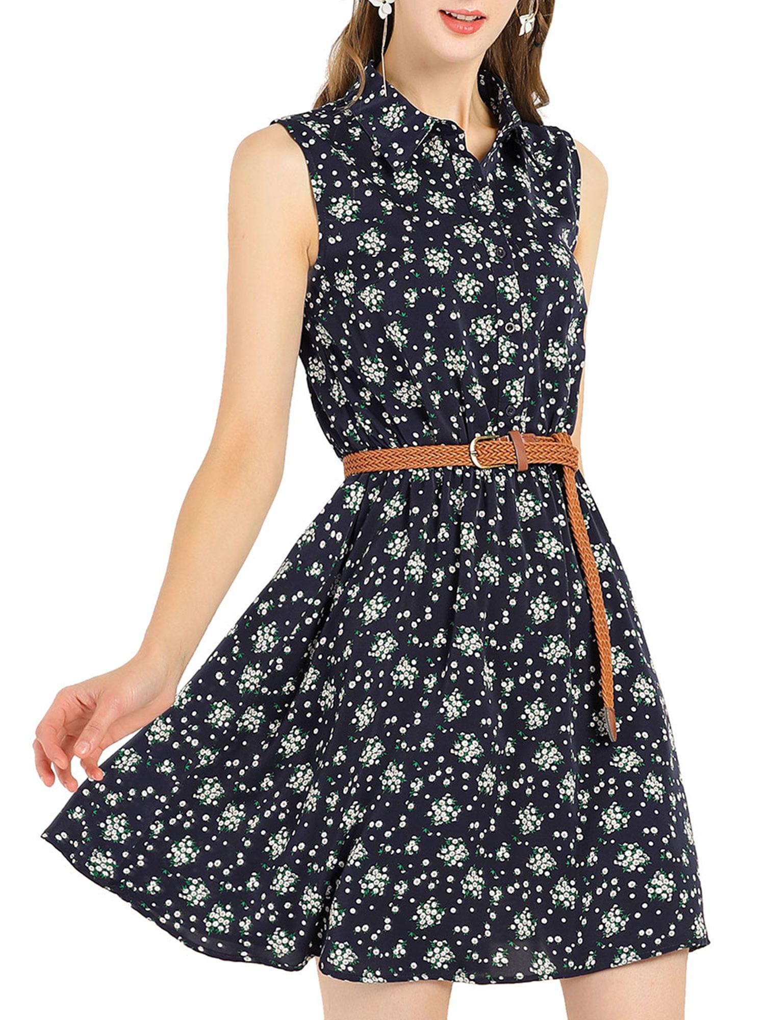 MODA NOVA Juniors Printed Half Placket Sleeveless Belted Dress ...