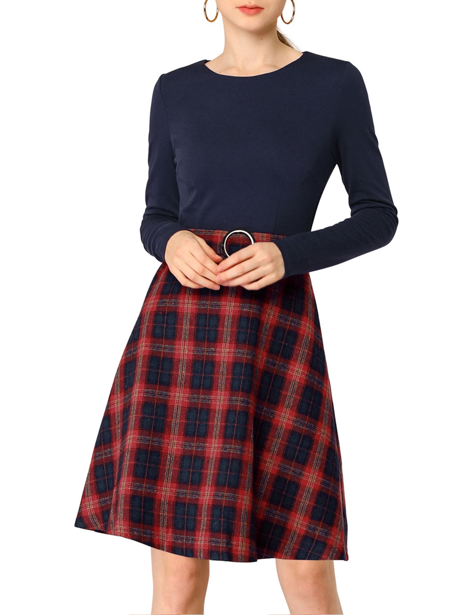 MODA NOVA Juniors Round Neck Long Sleeves Belted a-Line Buffalo Plaids ...