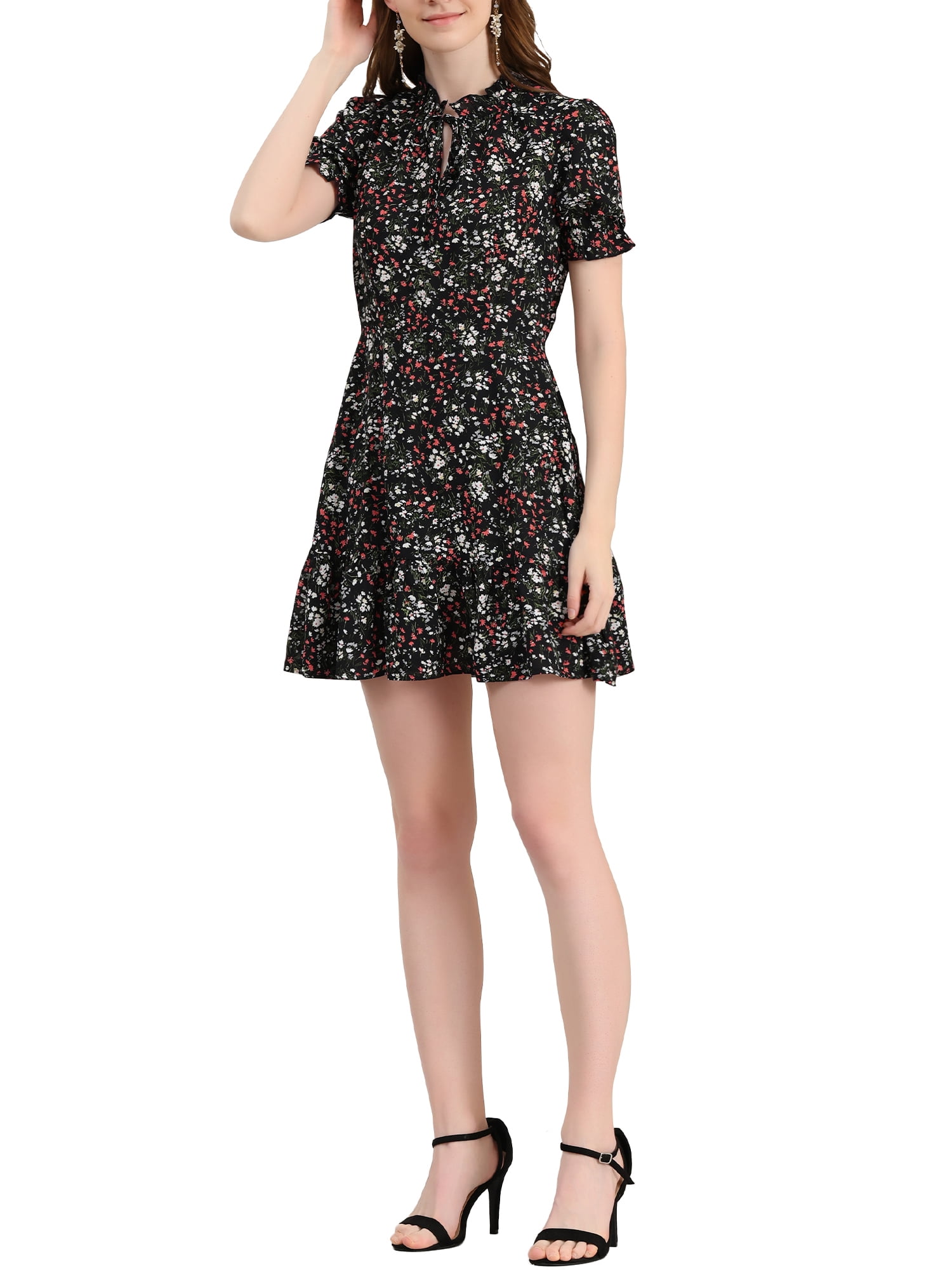 MODA NOVA Juniors Ruffle Floral Bow Tie Chiffon Puff Short Sleeve Fit ...