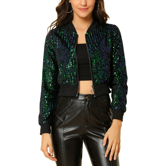 MODA NOVA Juniors Sequin Sparkle Zipper Cropped Bomber Jacket - Walmart.com