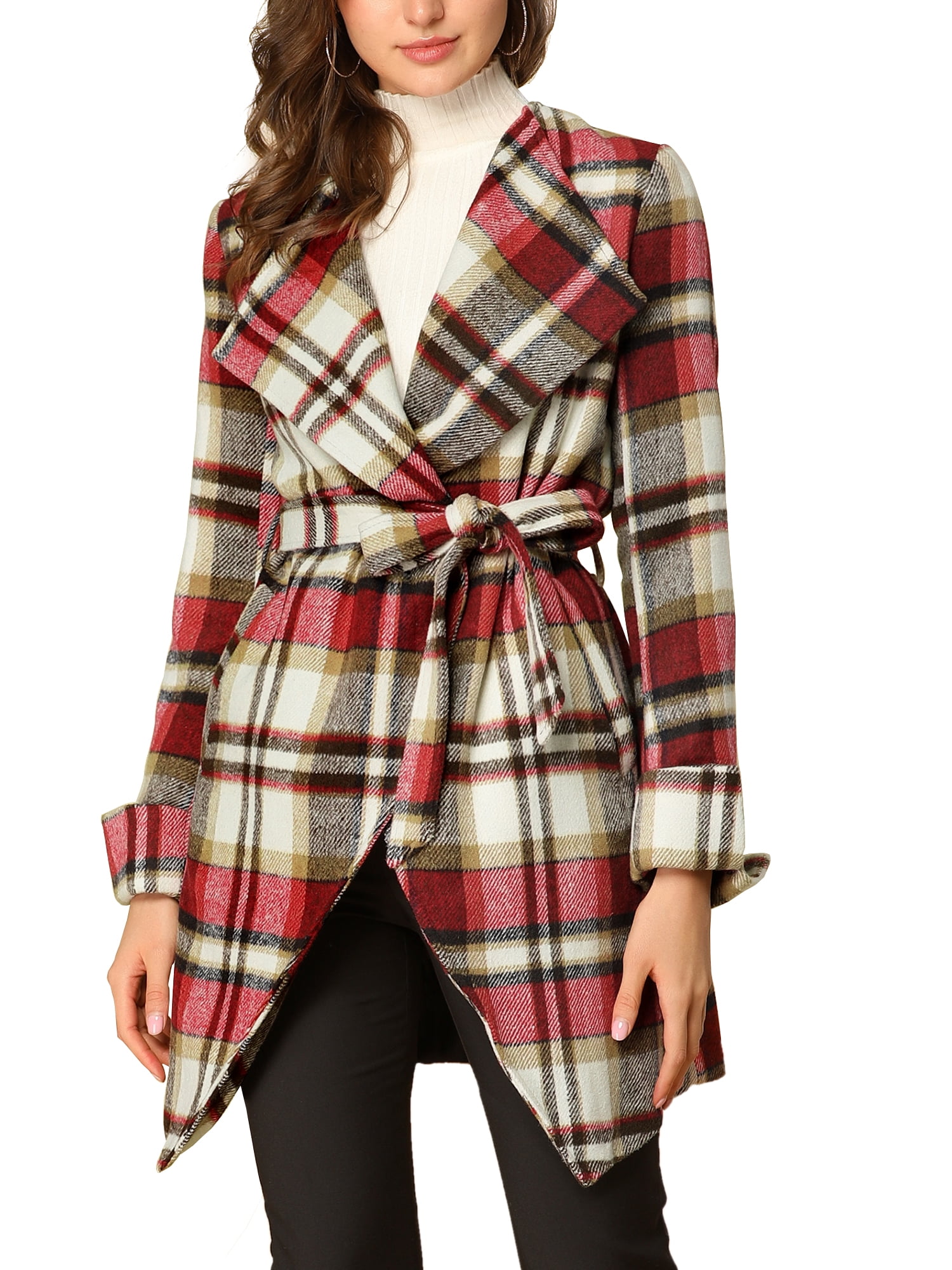 MODA NOVA Juniors Shawl Collar Asymmetrical Hem Belted Plaid Coat ...