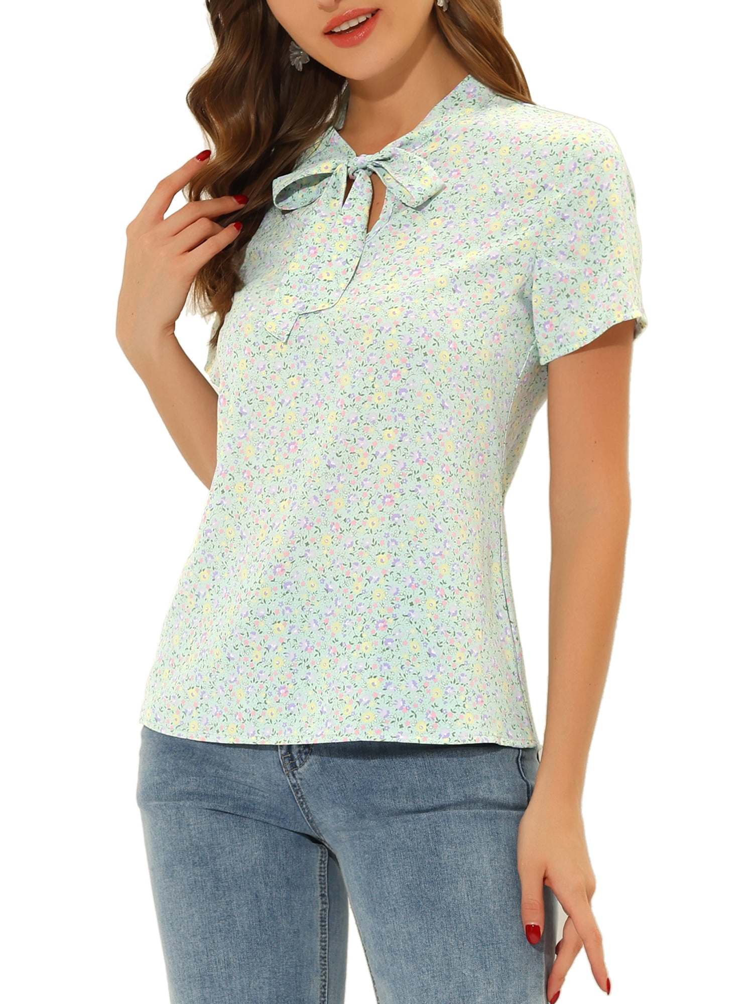 MODA NOVA Juniors Short Sleeve Tie Bow Neck Printed Blouse Green-Floral ...
