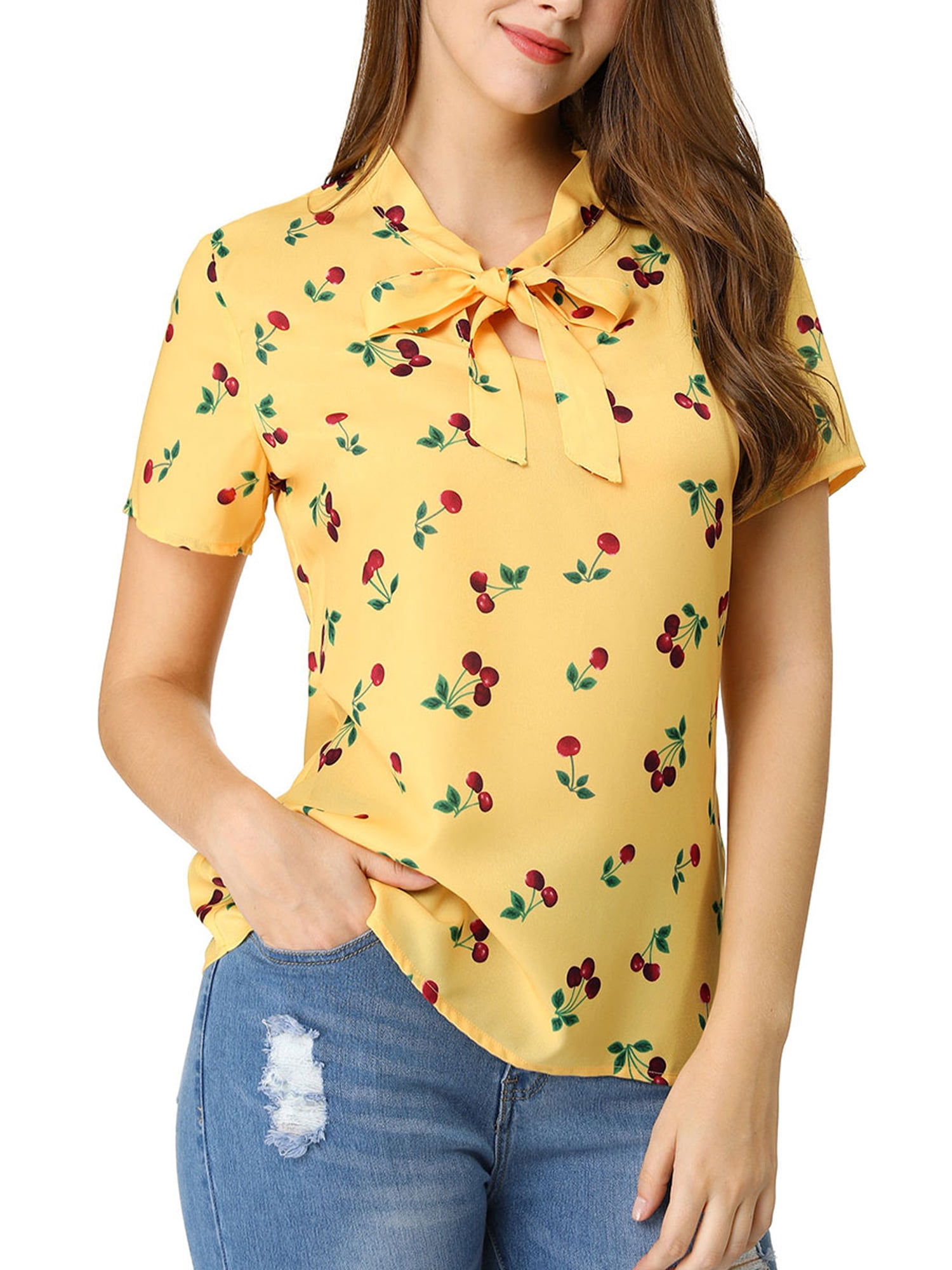 MODA NOVA Juniors Summer Top Tie Bow Neck Short Sleeve Floral Print ...