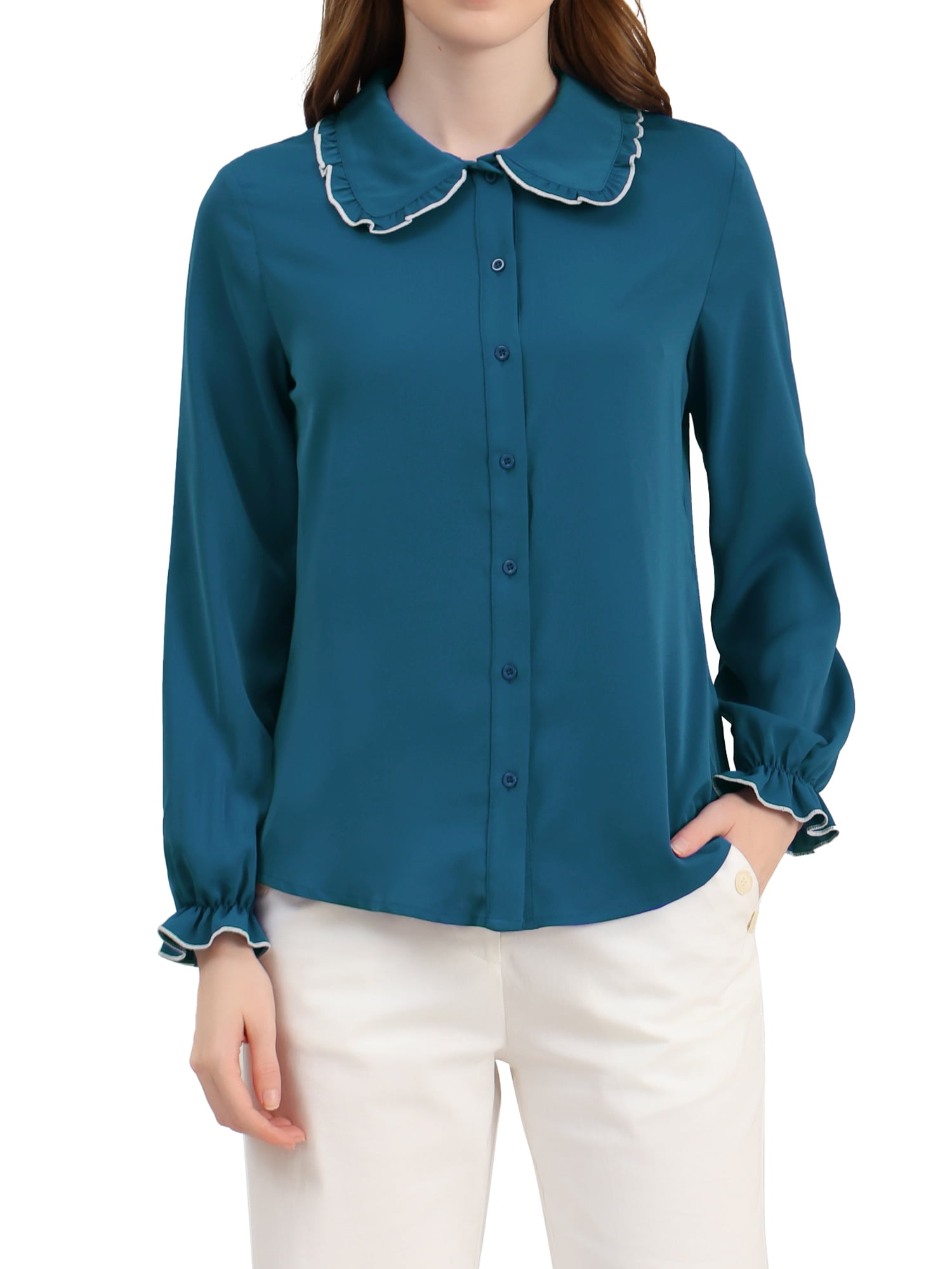 MODA NOVA Juniors Sweet Ruffle Peter Pan Collar Button up Work Shirts ...
