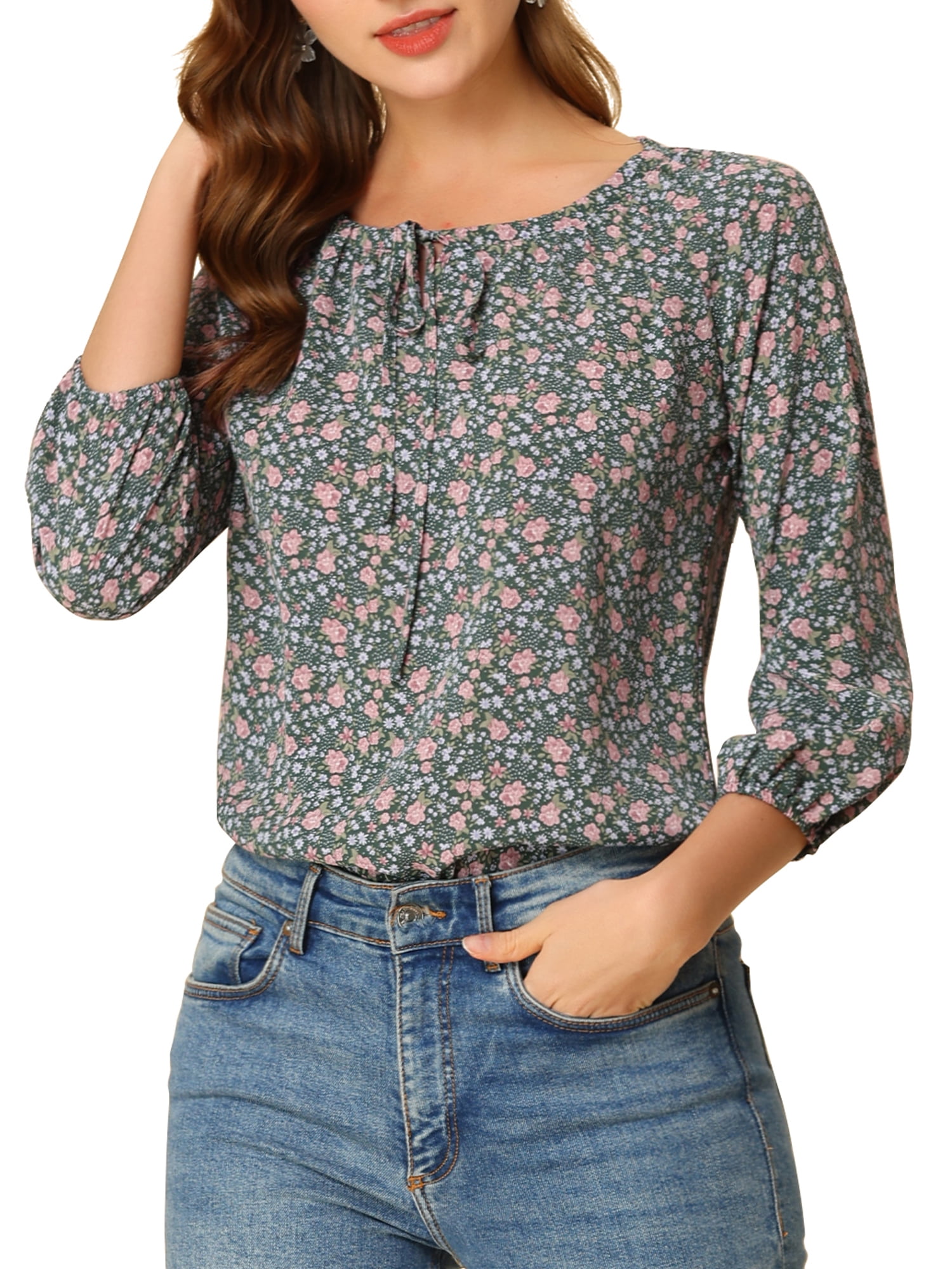 MODA NOVA Juniors Top 3/4 Sleeve Round Neck Summer Floral Blouse Dark ...
