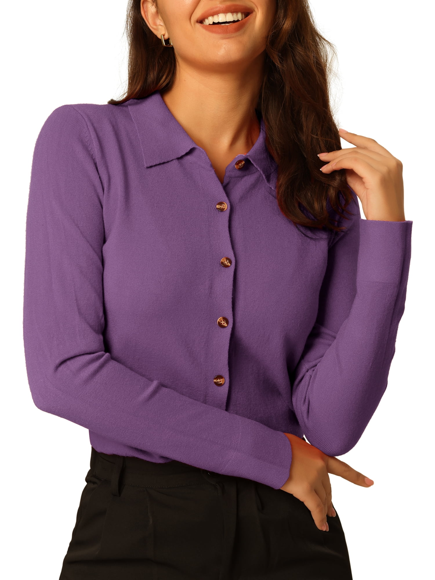 MODA NOVA Juniors Turn Down Collar Blouse Long Sleeve Basic Knitted ...