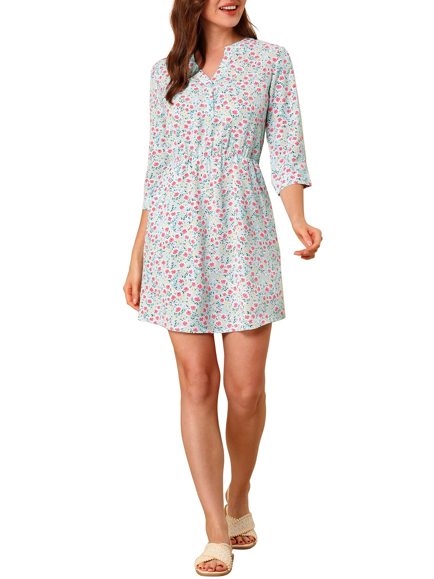 MODA NOVA Juniors V Neck Floral 3/4 Sleeves Side Pockets Button Dress ...
