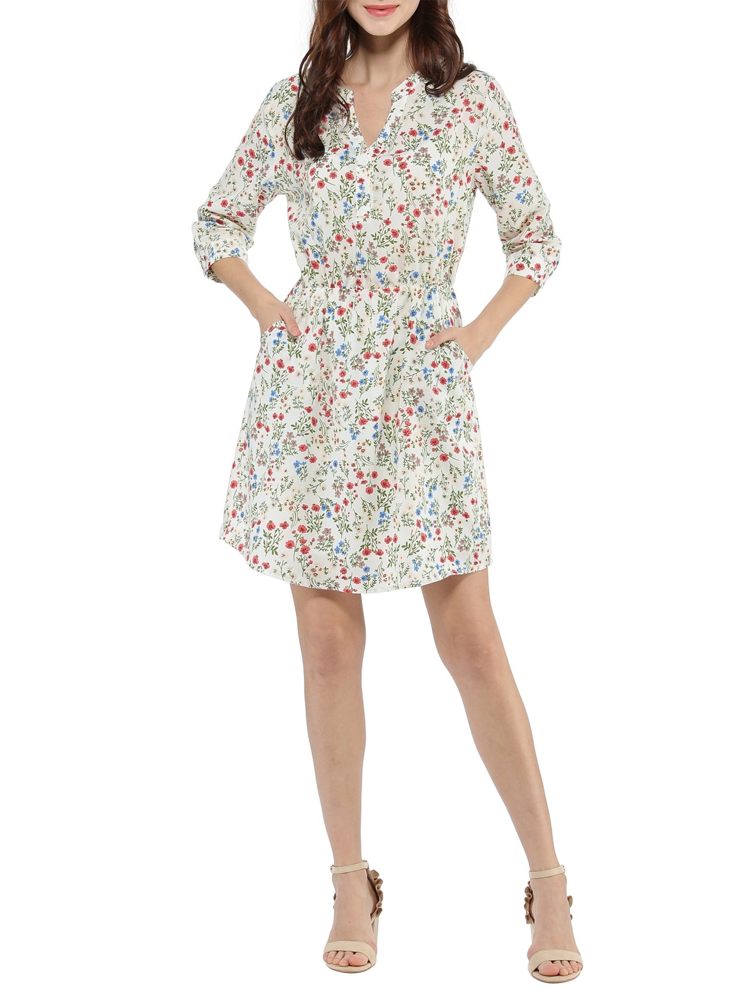 MODA NOVA Juniors V Neck Floral 3/4 Sleeves Side Pockets Button Dress ...