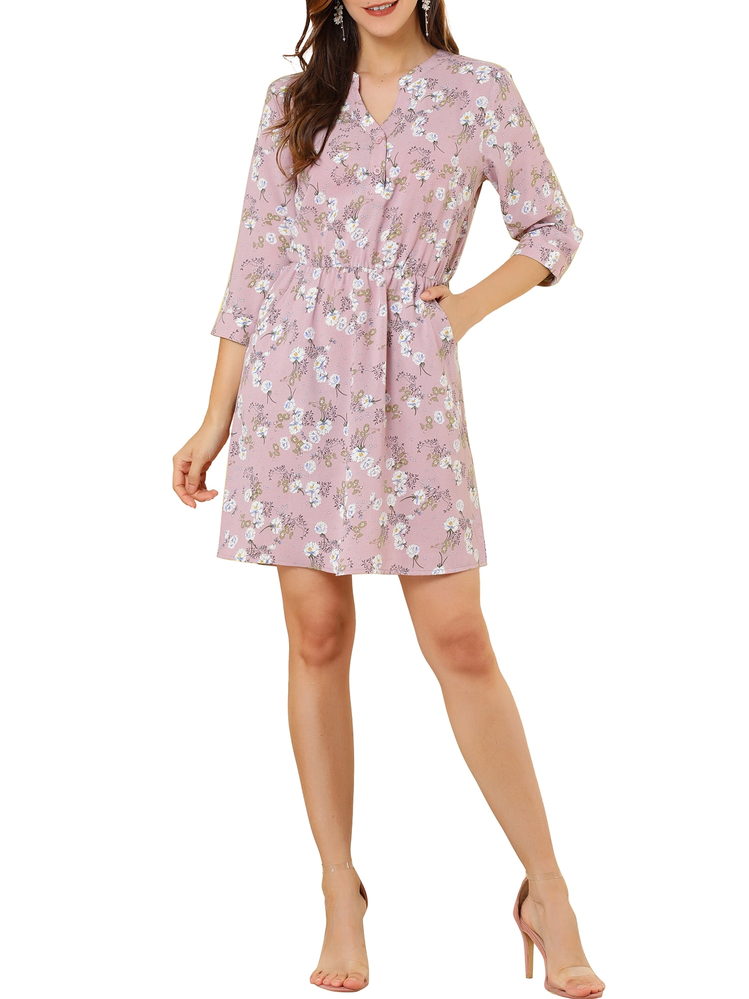 MODA NOVA Juniors V Neck Floral 3/4 Sleeves Side Pockets Button Dress ...