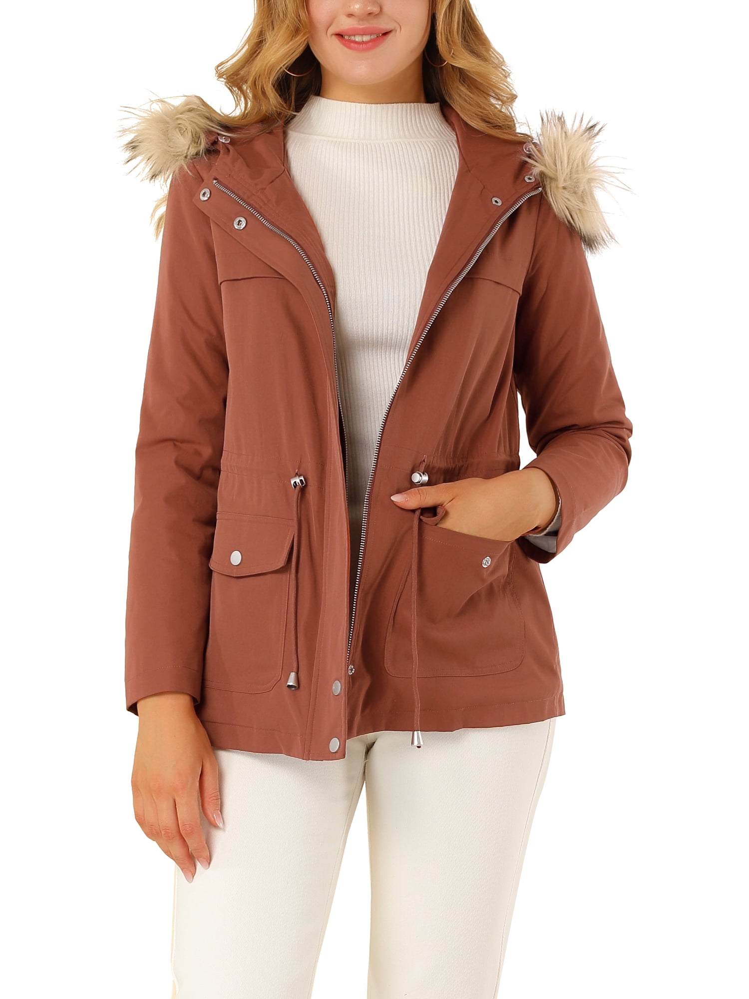 MODA NOVA Juniors Winter Faux Fur Hooded Zipper Button Drawstring Waist ...