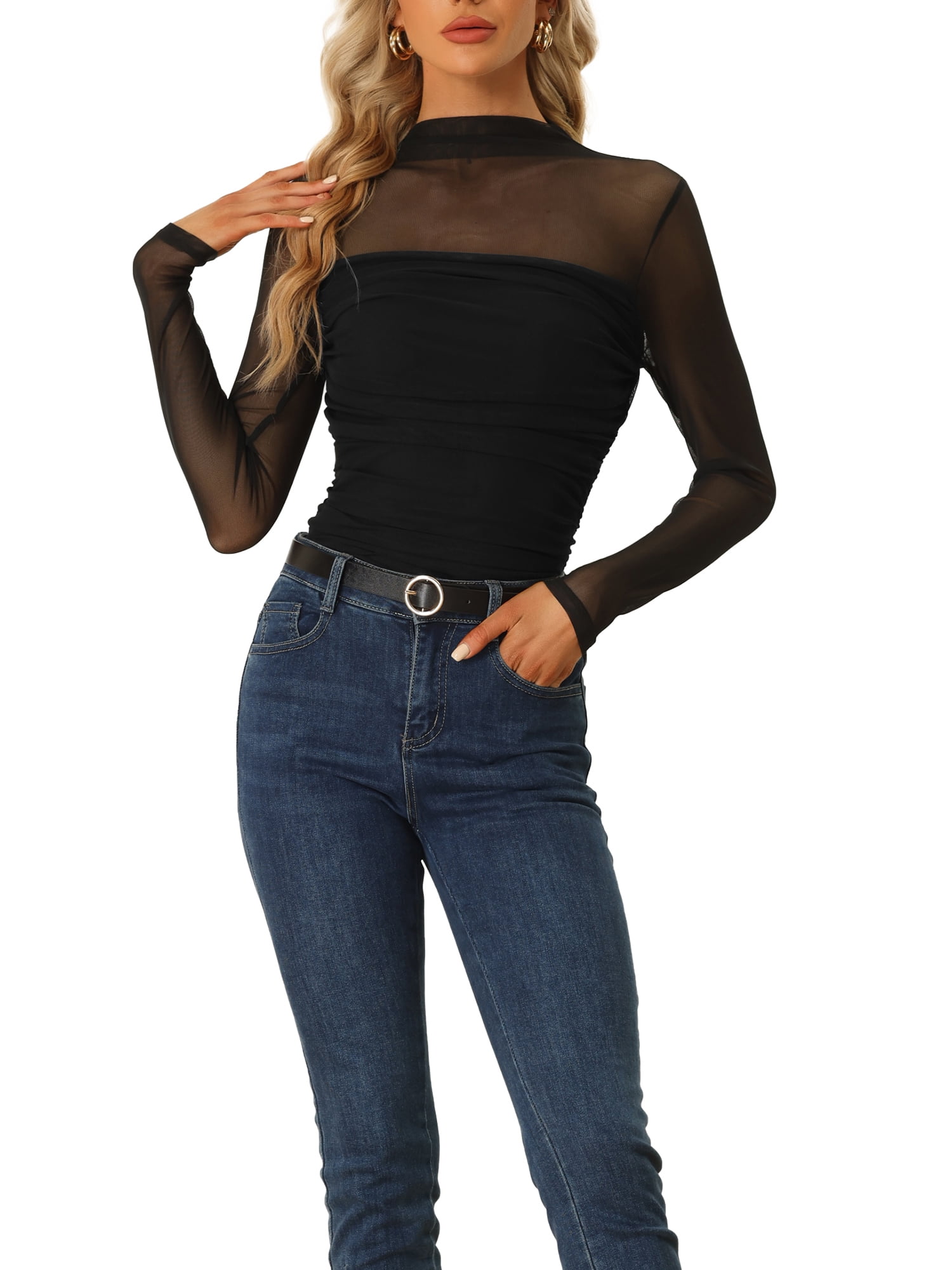 MODA NOVA Mesh Top for Junior's Solid Long Sleeve Mock Neck Sheer Panel ...