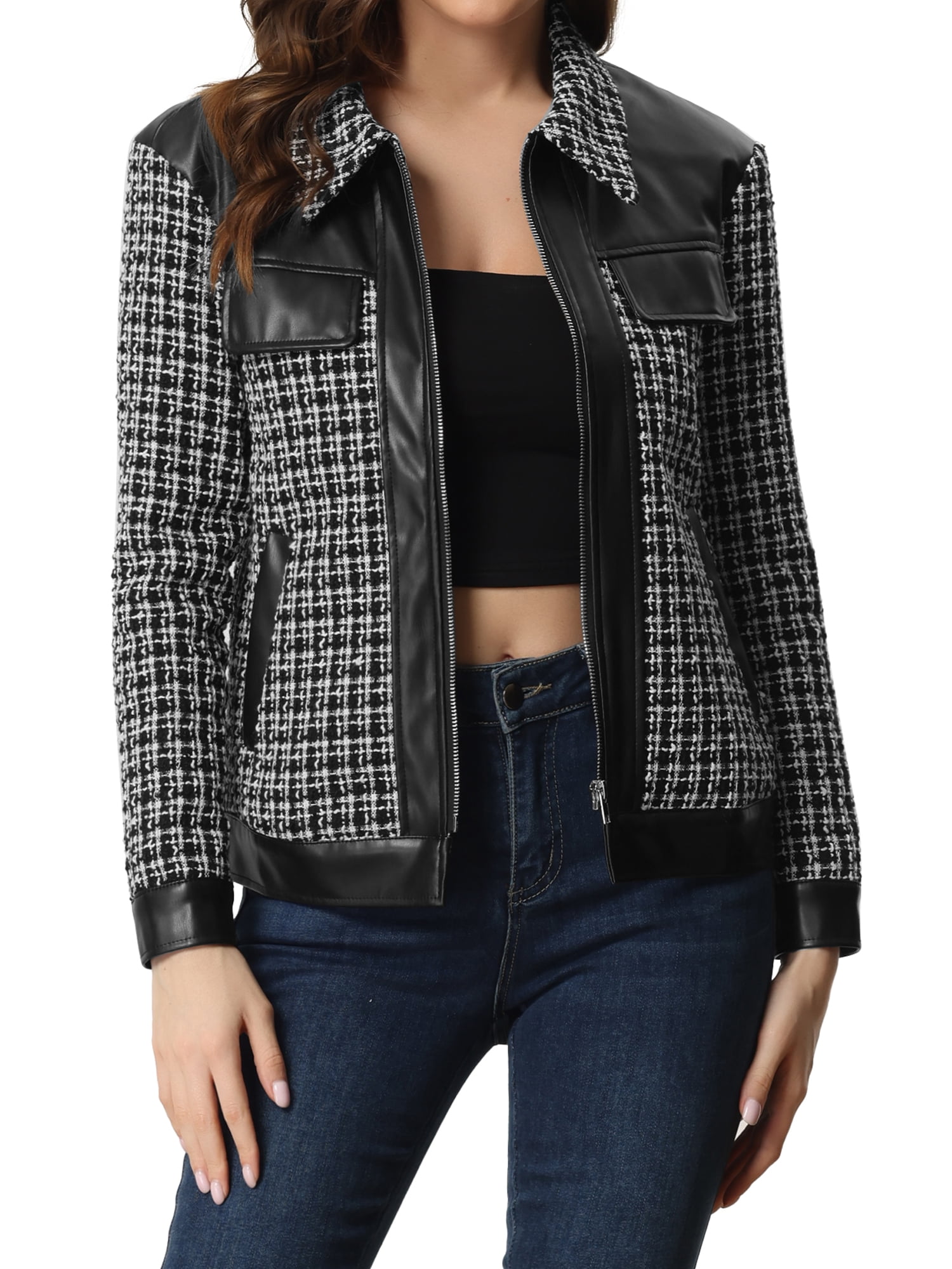 MODA NOVA Plaid Patchwork Tweed Jacket for Juniors Zipper Long Sleeve ...