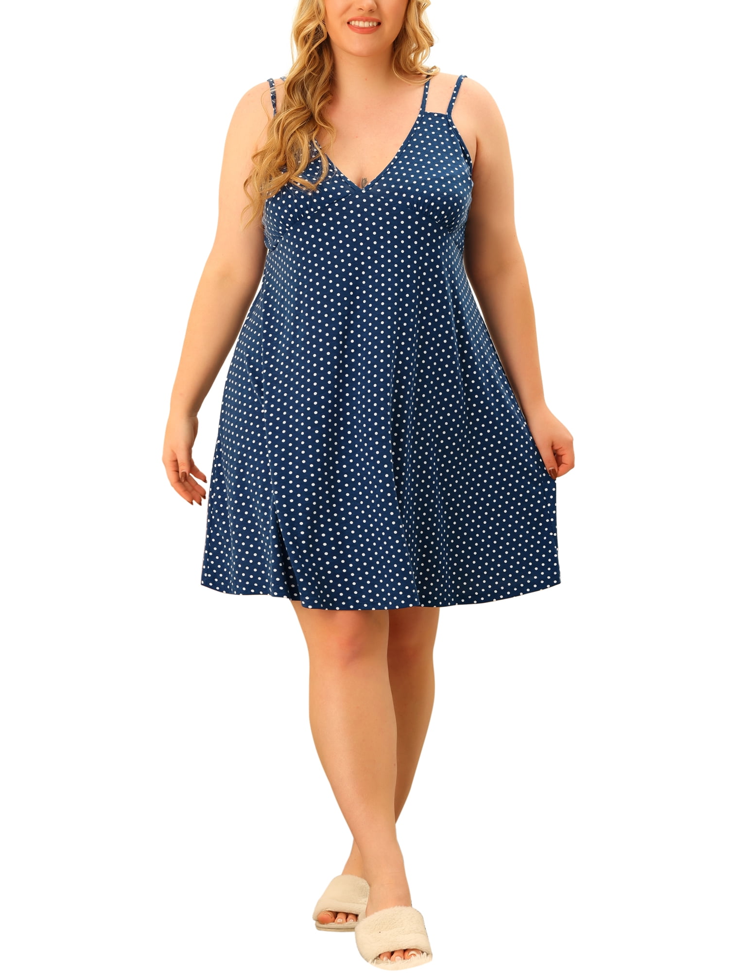 MODA NOVA Plus Size Sleep Dress for Juniors Cami Deep V Knit Polka Dots ...