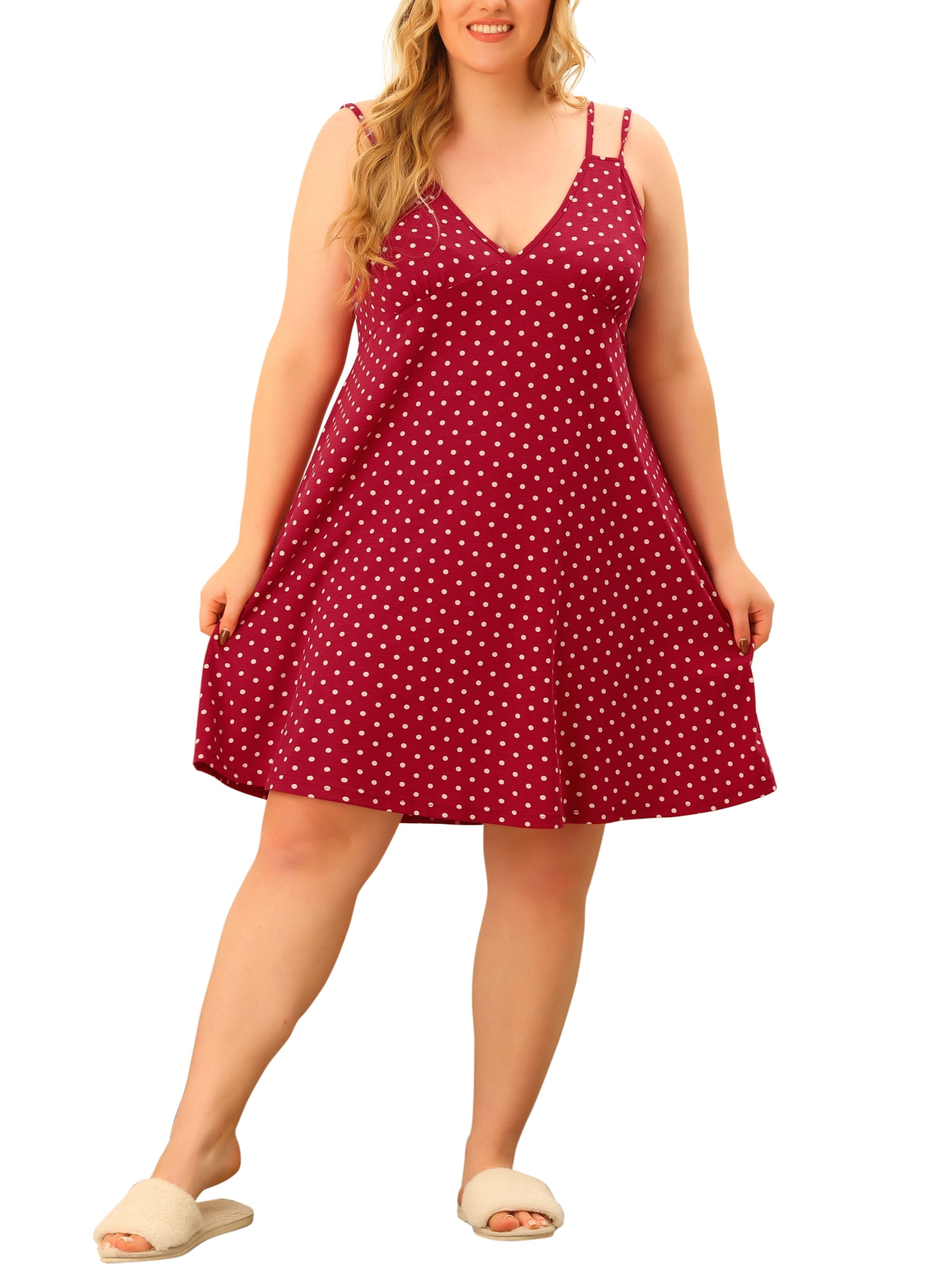 MODA NOVA Plus Size Sleep Dress for Juniors Cami Deep V Knit Polka Dots ...