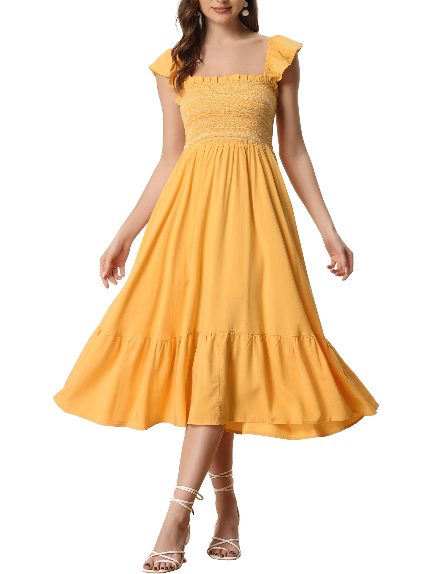 Allegra K Smocked Sundress for Women's Causal Square Neck Boho ...