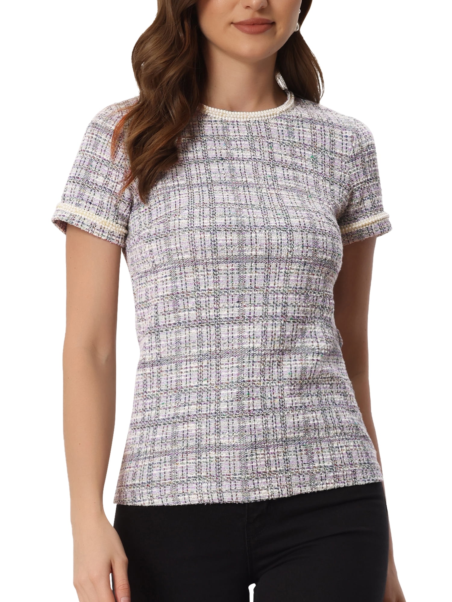 MODA NOVA Tweed Top for Juniors Casual Round Neck Pearl Decoration ...