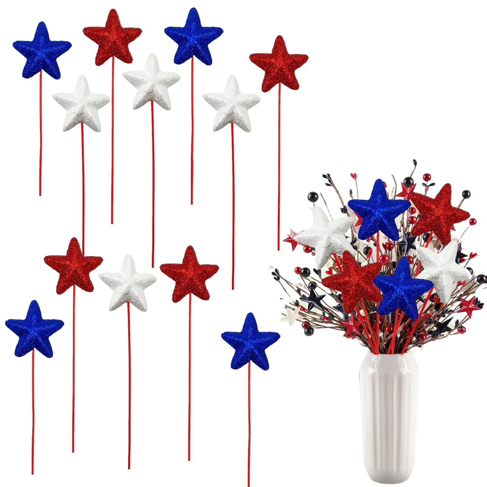 MODANU 12 Pcs 4th of July Glitter Puffy Star Picks Foam Sparkly Sticks ...