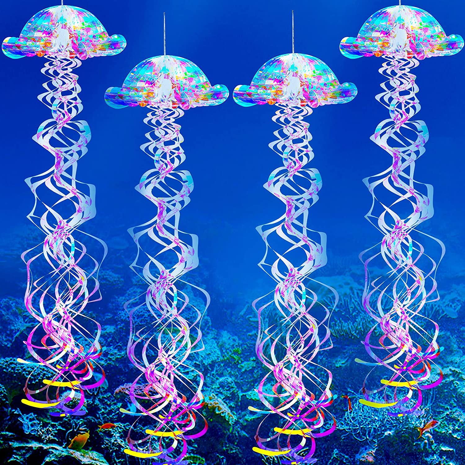 MODANU 4 Pack Glitter Iridescent Jellyfish Under the Sea Mermaid Party ...