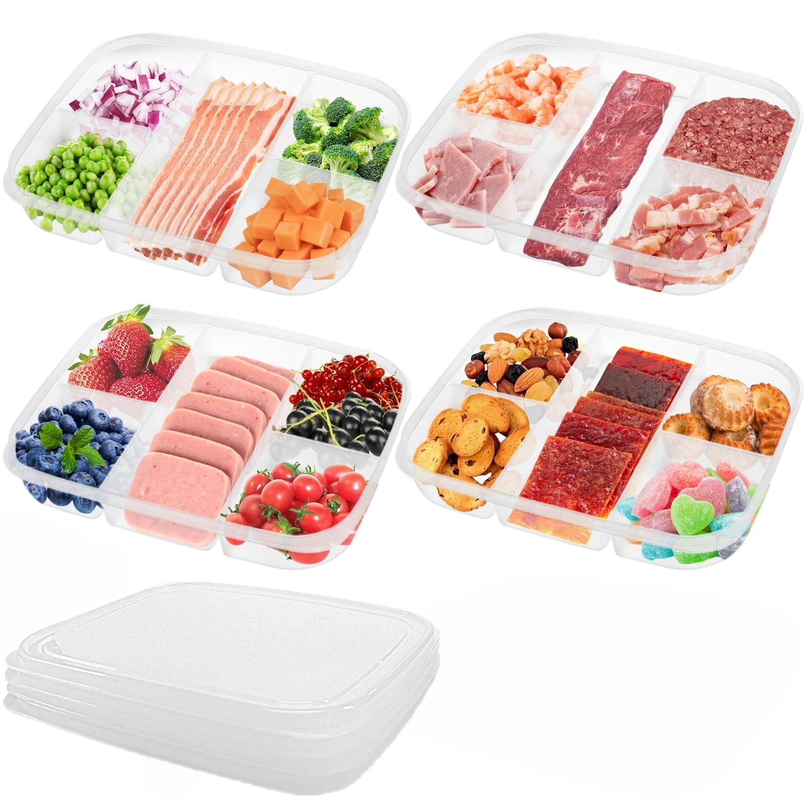 MODANU 4 Pcs Divided Veggie Tray with Lid, 5 Compartment Snackle Box ...
