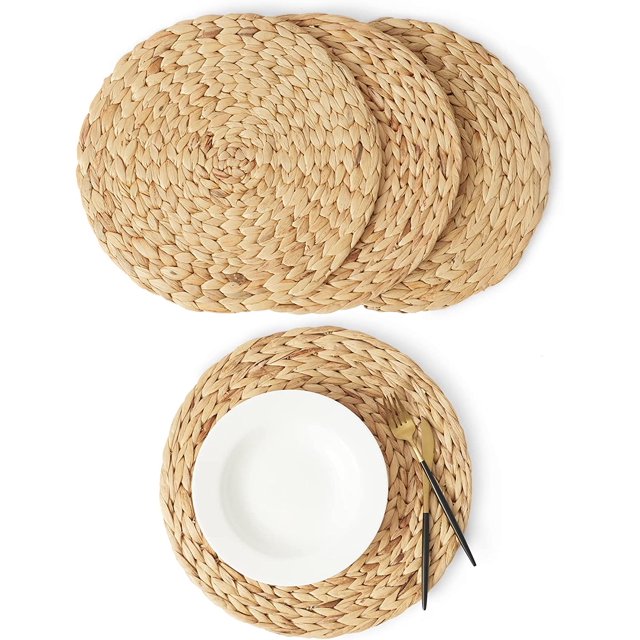 MODANU 4 Pcs Natural Water Hyacinth Weave Placemat Round Braided Rattan ...