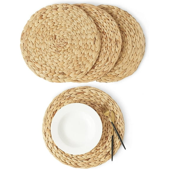 MODANU 4 Pcs Natural Water Hyacinth Weave Placemat Round Braided Rattan ...