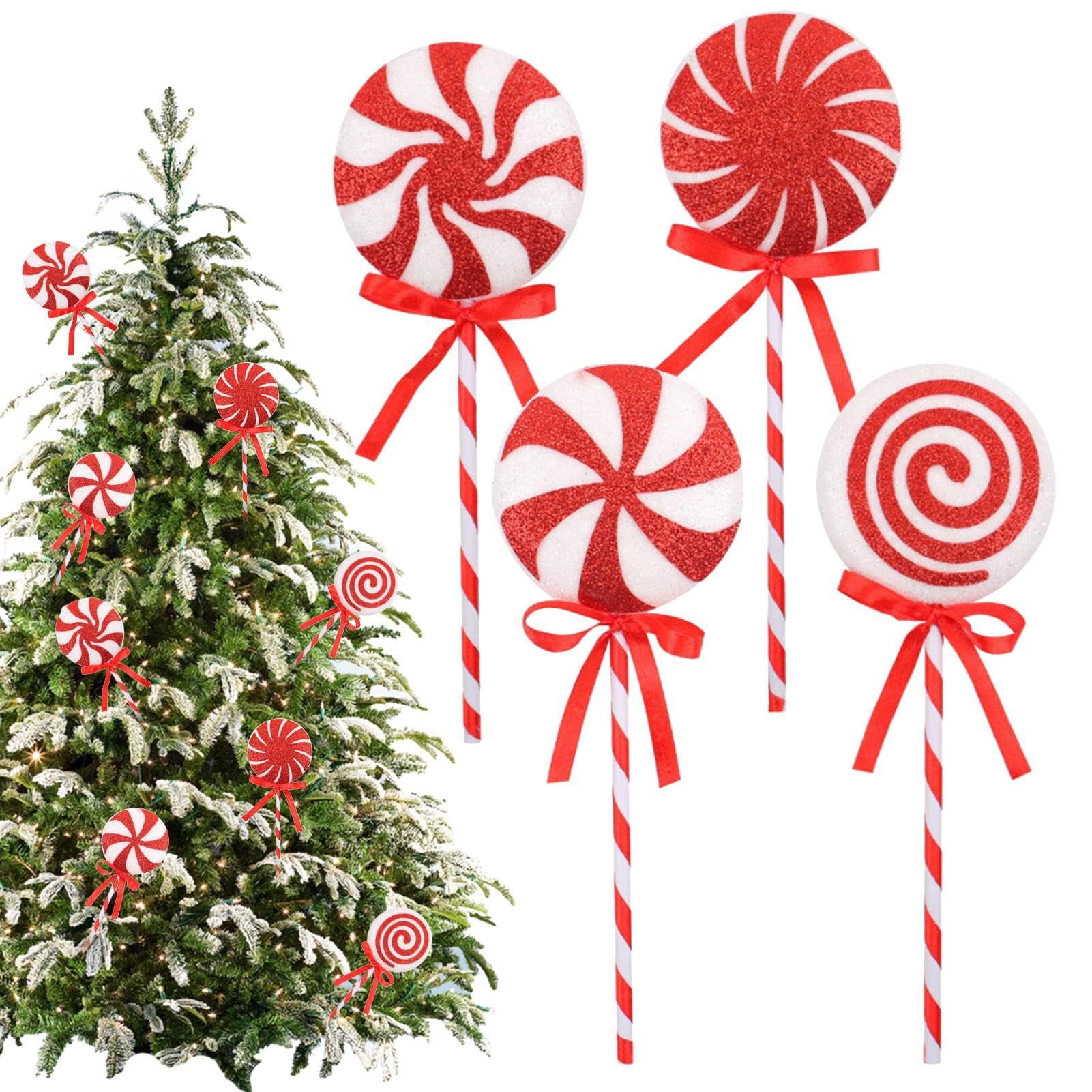 MODANU 4Pcs Lollipop Candy Christmas Tree Picks with Ribbon, 8.26 ...