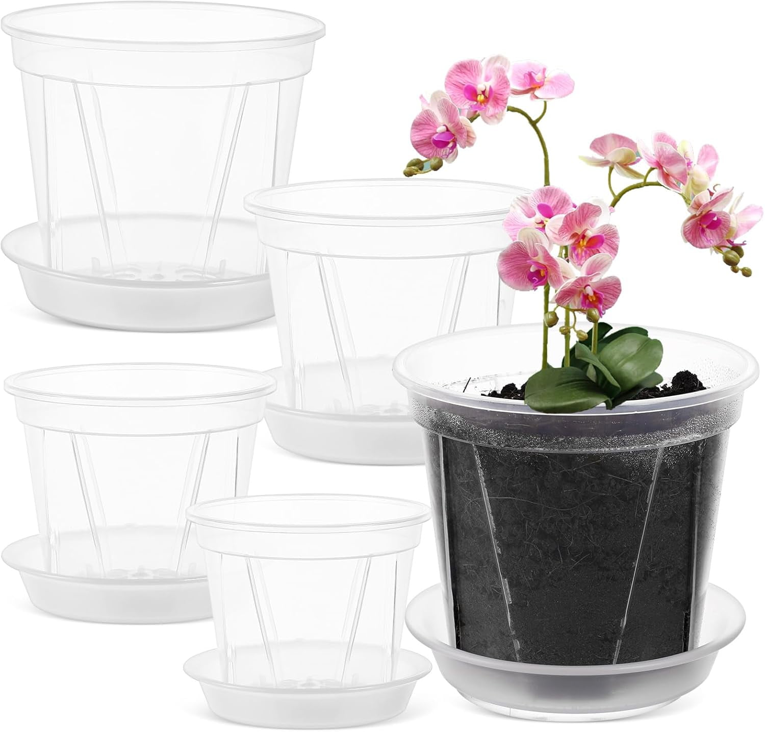MODANU 5Pcs Orchid Pots, Plastic Pots with Saucer, Clear Plant Pots ...
