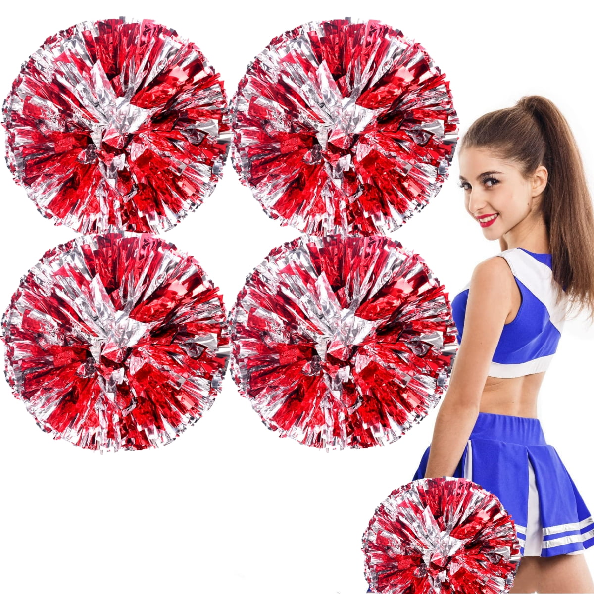 MODANU Cheerleading Pom Poms 4 Pack, 11 inch Cheer Pom Poms with Handle, Metallic Foil Rainbow ...