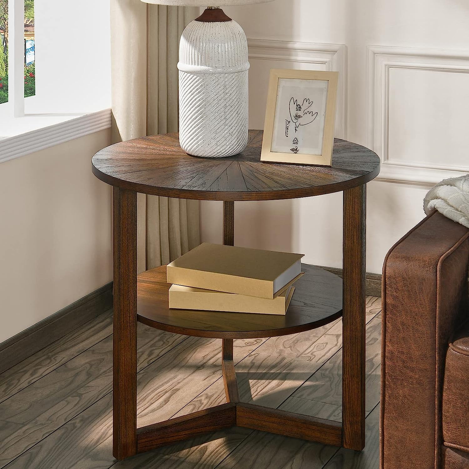 MODERION Large Round End Table, Rustic Beside Table with Umbrella ...
