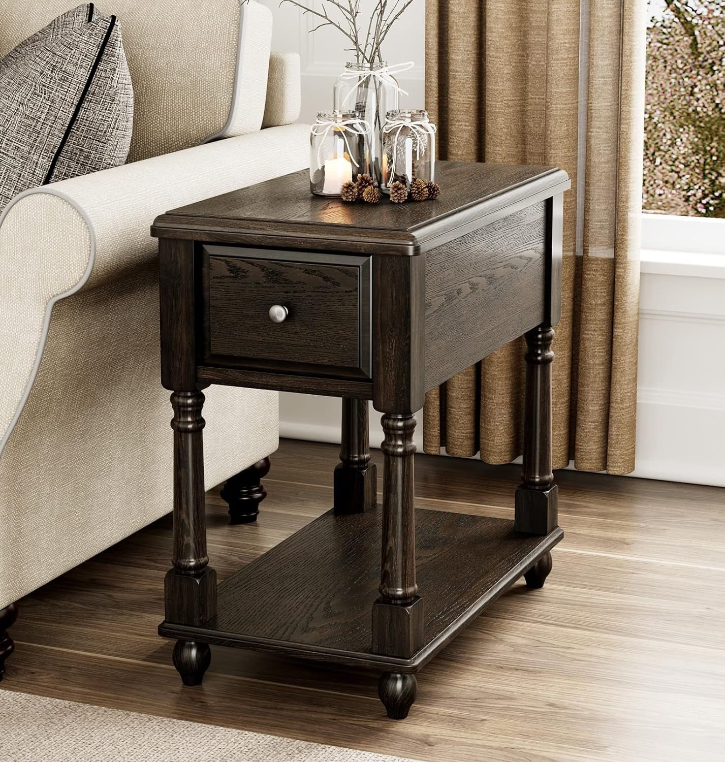 MODERION Solid Wood Narrow End Table with Drawer, Sofa Side Storage ...